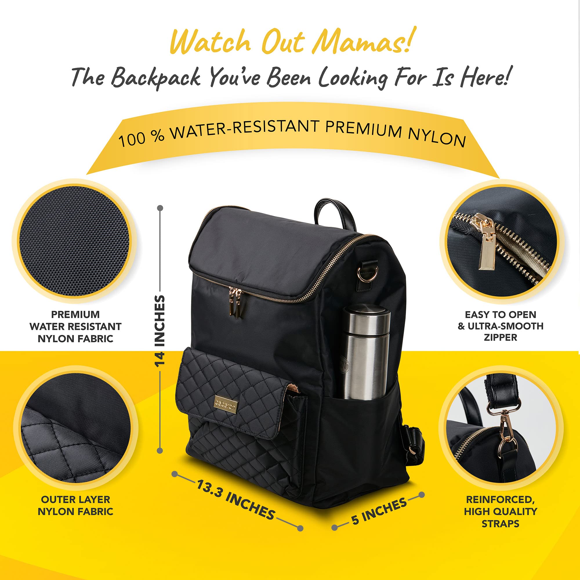 Backpack Diaper Bag in Black - Large Diaper Bag Backpack With Stroller Straps, Changing Pad - Stylish Backpack Diaper Bags for Moms - With Roomy Interior, Inside Pockets