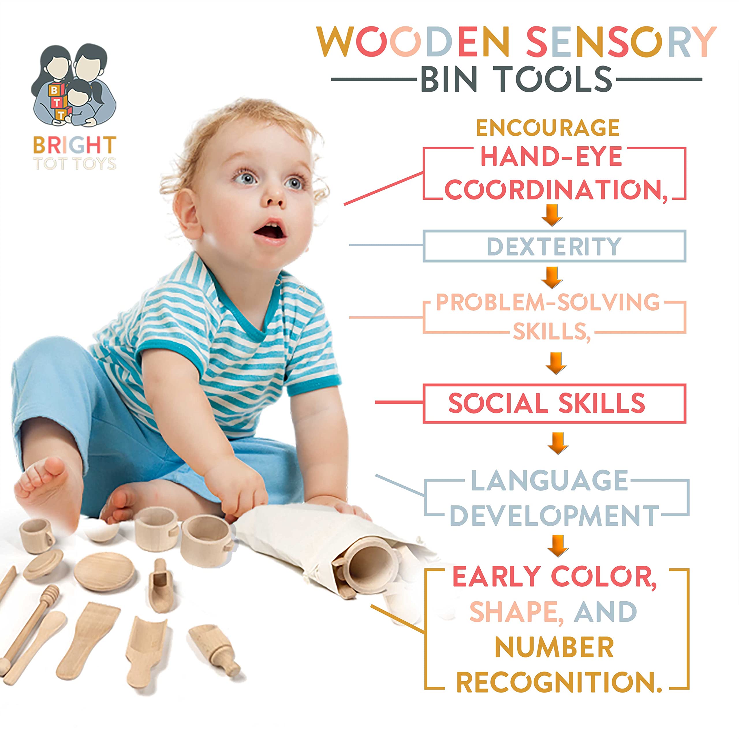 Sensory Bin Tools with Wooden Box, Montessori Toys for Toddlers & Kids, Set of 12 Wood Waldorf Toys for Transfer Work, Sensory Learning & Motor Skill Development