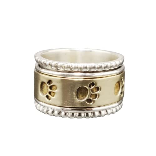 Paw Print Spinner Ring, Solid 925 Sterling Silver Ring, Brass Footprint Ring, Meditation Ring, Handmade Ring and Paw Symbol Spinner Ring for Women, Anxiety Ring, Mediation Ring and Fidget Spinner Ring
