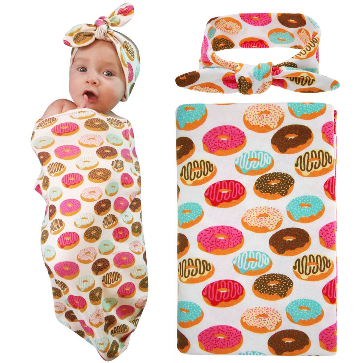 Newborn Baby Swaddle Blanket and Headband Value Set,Receiving Blankets, Doughnut
