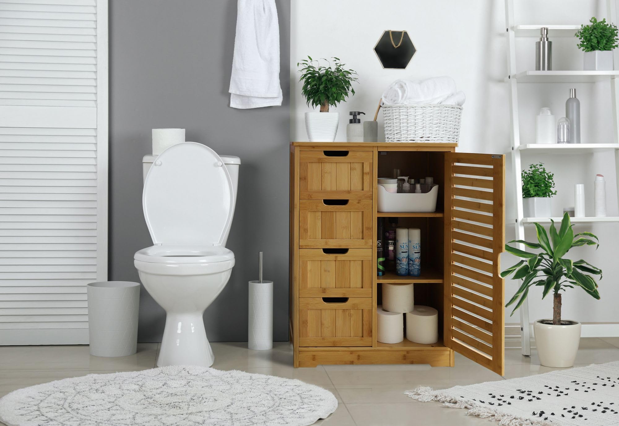 MUPATER Small Storage Cabinet Bamboo with 4 Drawers and 1 Cupboard, Freestanding Compact Floor Cabinet Bamboo for Entryway and Bathroom, Natural