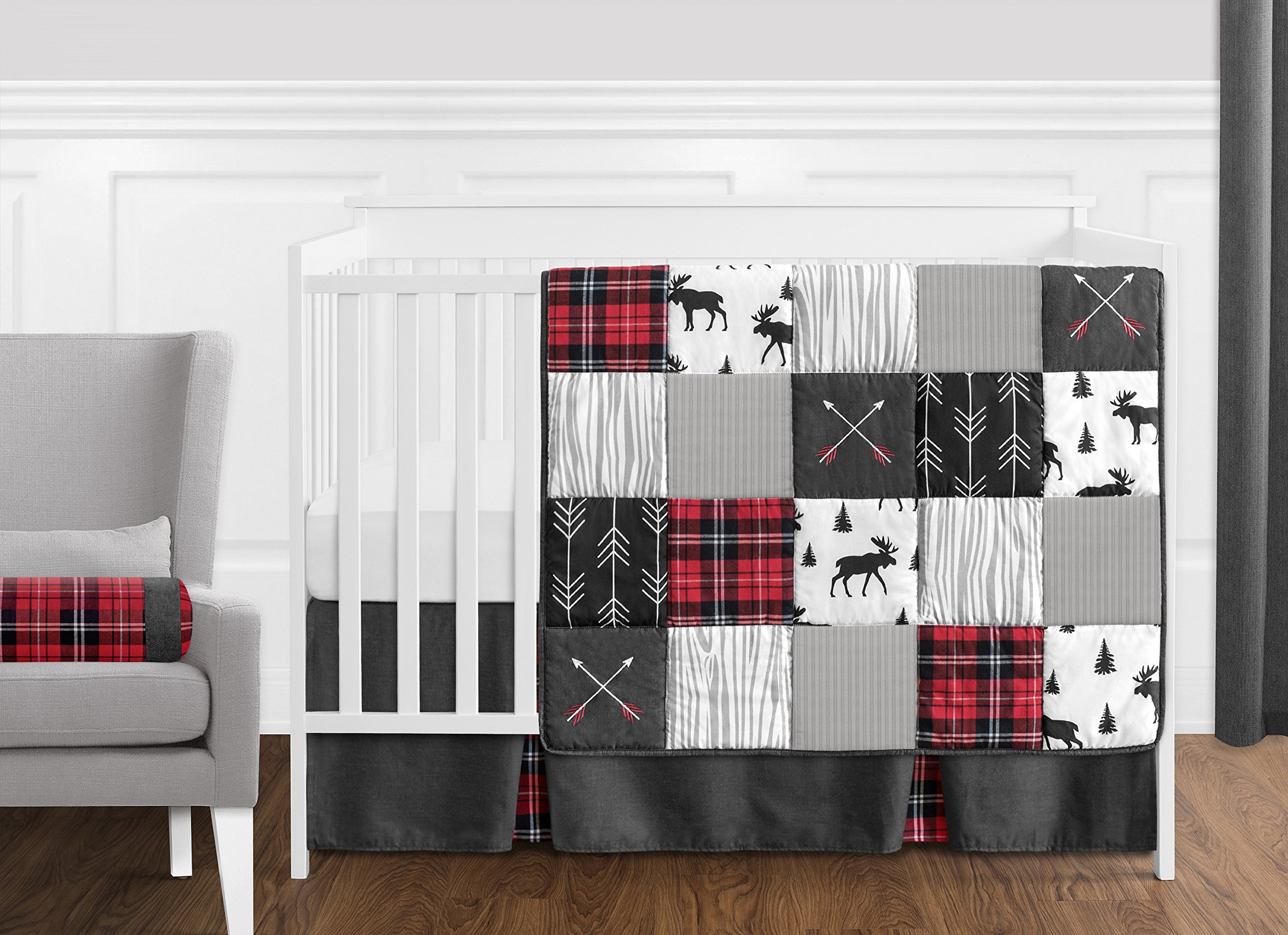 Sweet Jojo Designs Grey, Black and Red Woodland Plaid and Arrow Rustic Patch Baby Boy Crib Bedding Set Without Bumper - 11 Pieces - Flannel Moose Gray