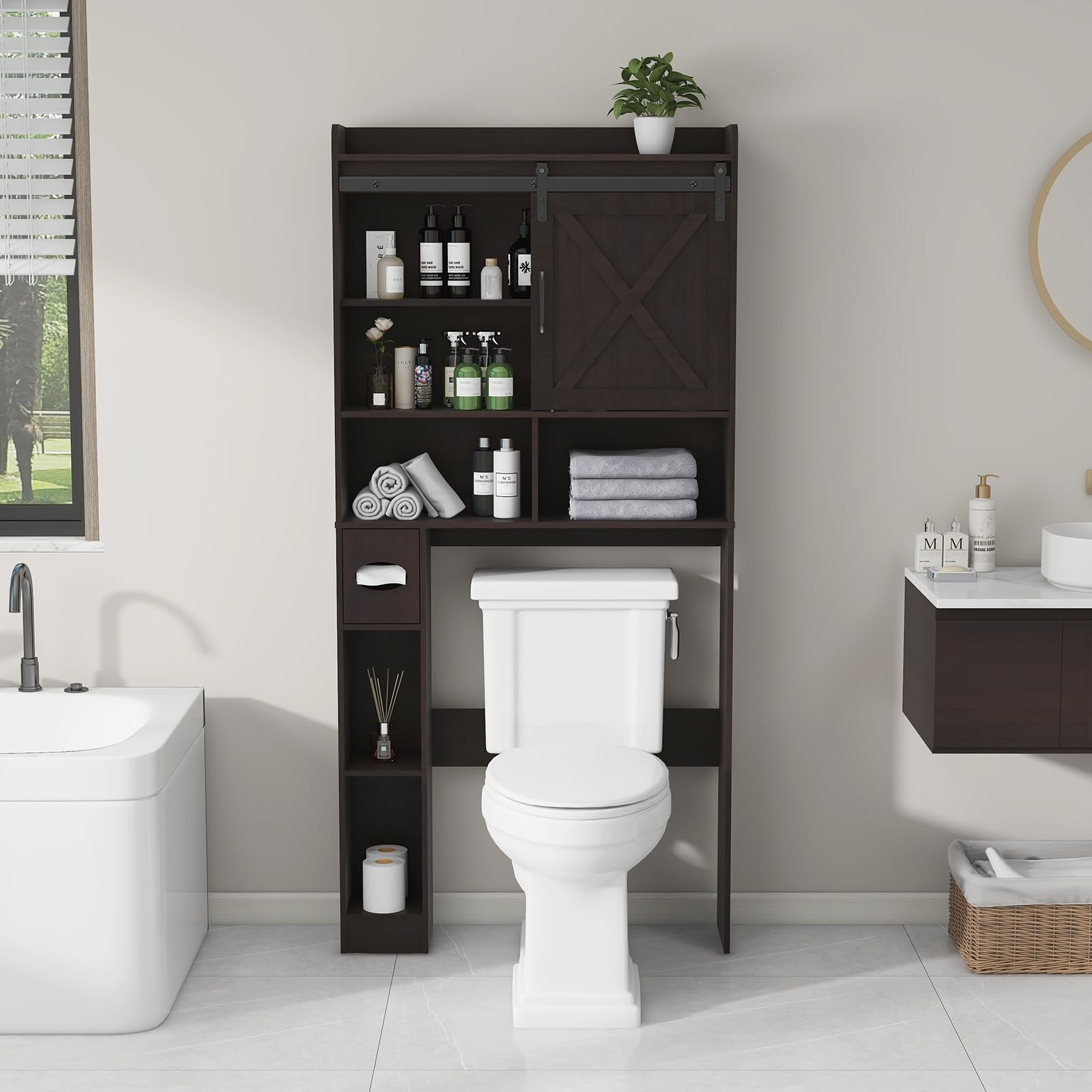 Befrases Over The Toilet Storage Cabinet, Farmhouse Storage Cabinet Over Toilet with Sliding Doors & Toilet Paper Holder Stand,Home Space-Saving Toilet Rack, for Bathroom, Laundry, Restroom(Espresso)