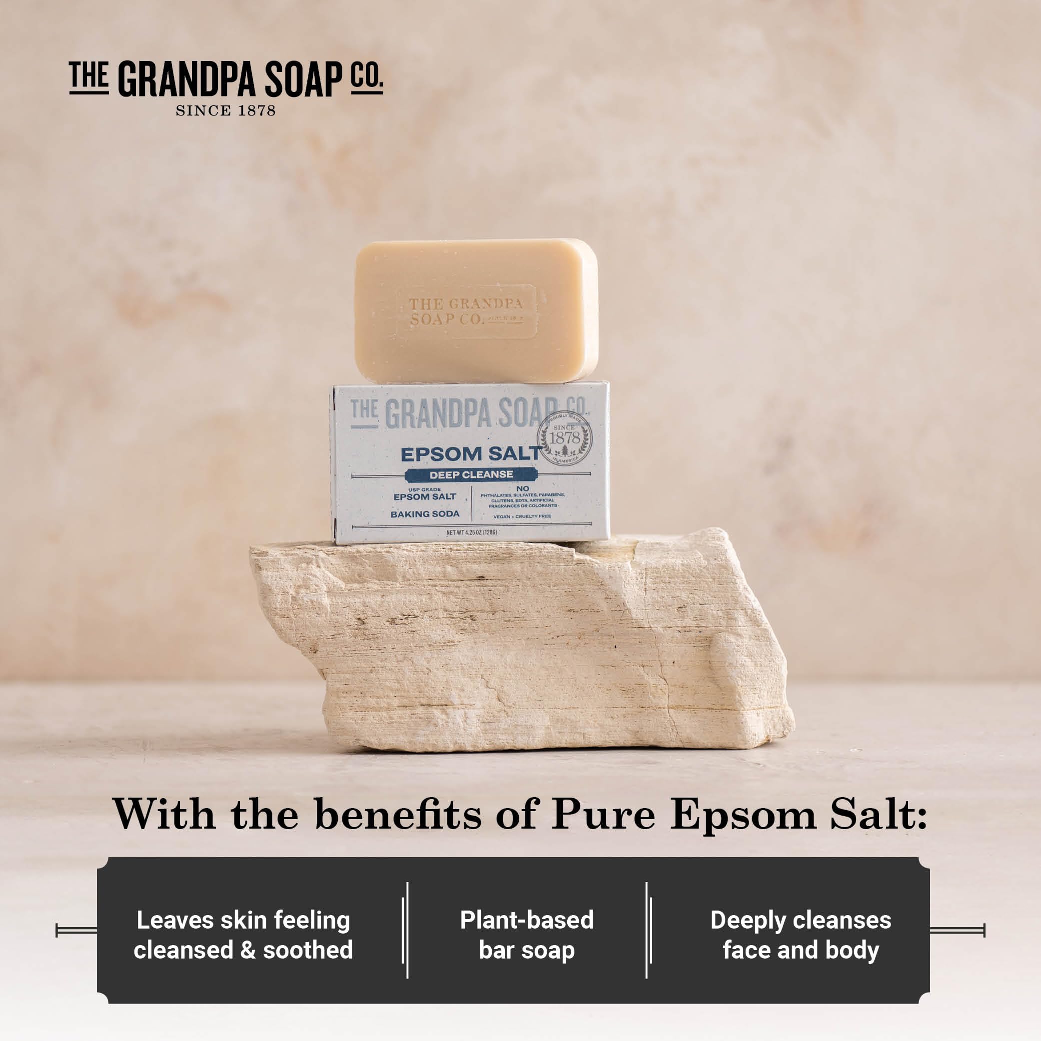 The Grandpa Soap Company Epsom Salt Bar Soap - Deep Cleansing Soap, Made with Epsom Salt and Baking Soda, Removes Dirt Grease and Grime, Vegan, For Face and Body, 4.25 Oz, 3 Pack