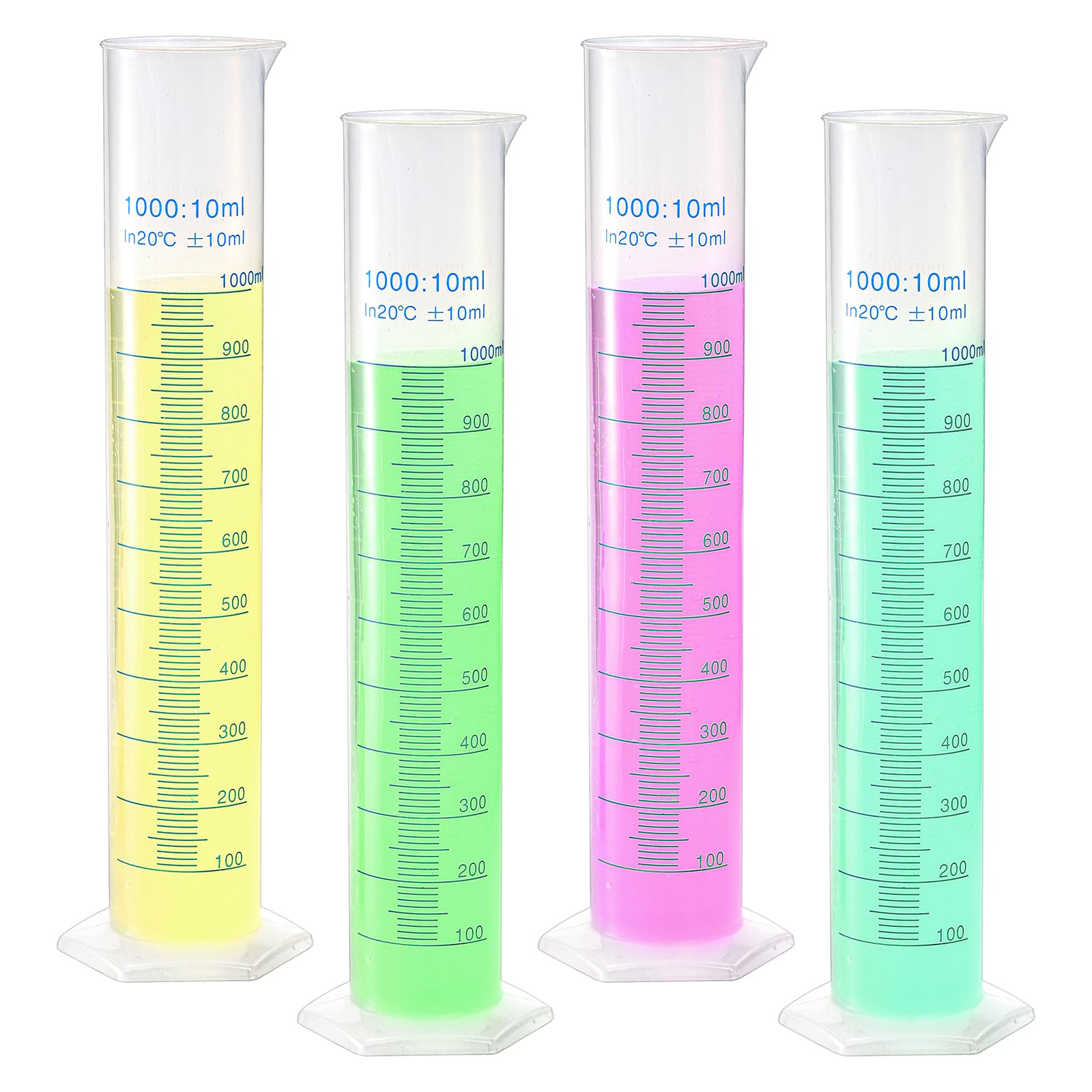 Bekith 4 Pack 1000ml Plastic Graduated Cylinder with Stable Base, Plastic Measuring Cylinder 2-Sided Marking Lab Cylinders, Clear Measuring Cylinder for Science Projects, Laboratory Supplies