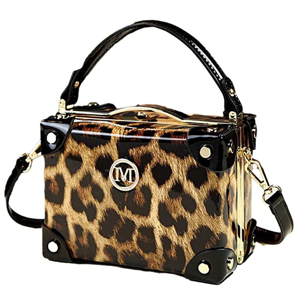 HANSOMFY Fashion Women's Top Handle Satchel Handbags Leather Evening Bag Purses Small Hard Square Box Shoulder Bags (Leopard)