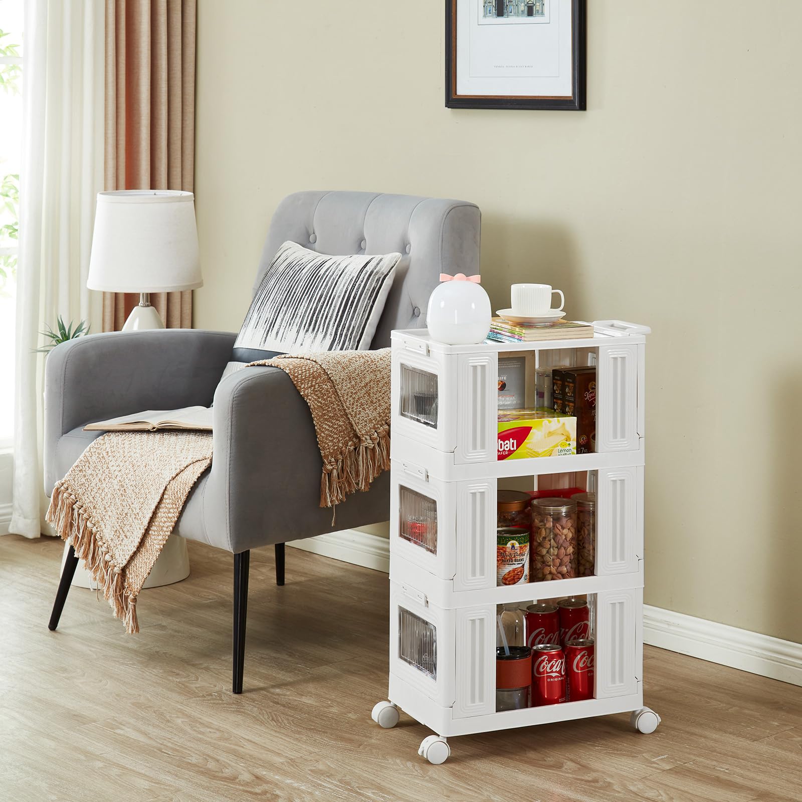 Bagnizer 76qt Plastic Storage Container, No Door 3 Tier Stackable Folding Storage Bin with Lid, Collapsible Storage Box with Wheels for Bedroom, Living Room, Office, Off White, 16 x 10 x 29β