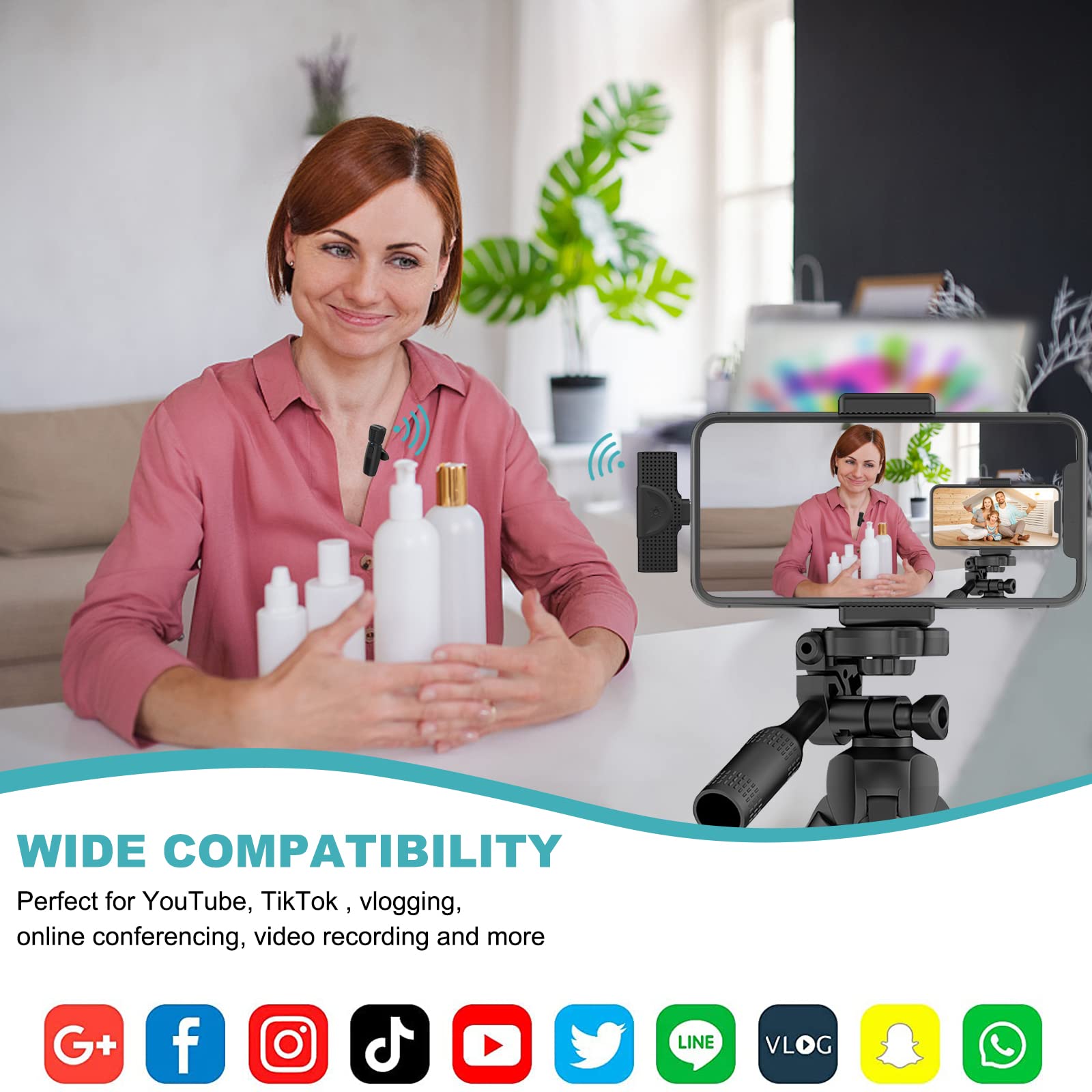 HUHD Wireless Lavalier Microphone Compatible with iPhone iPad Android Devices, Plug and Play Wireless Recording Microphone for TikTok Vlog YouTube, Noise Reduction, No App or Bluetooth Needed