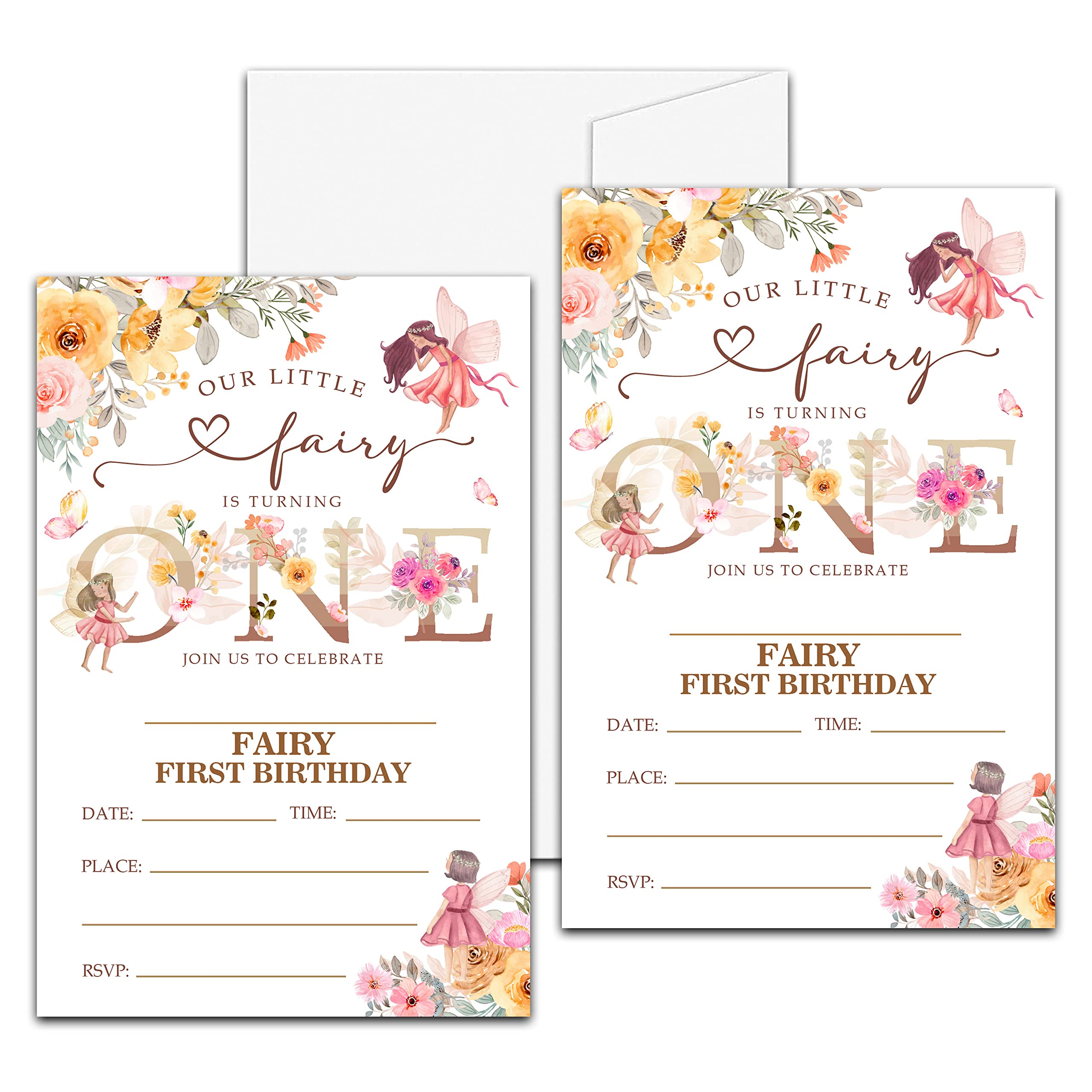 Fairy 1st Birthday Party Invitation, Garden Fairy Themed Fill-In Invites, 20 Floral Invitations With Envelopes for Women (4" X 6"), Adults Butterfly Party Favors Decorations and Supplies -56