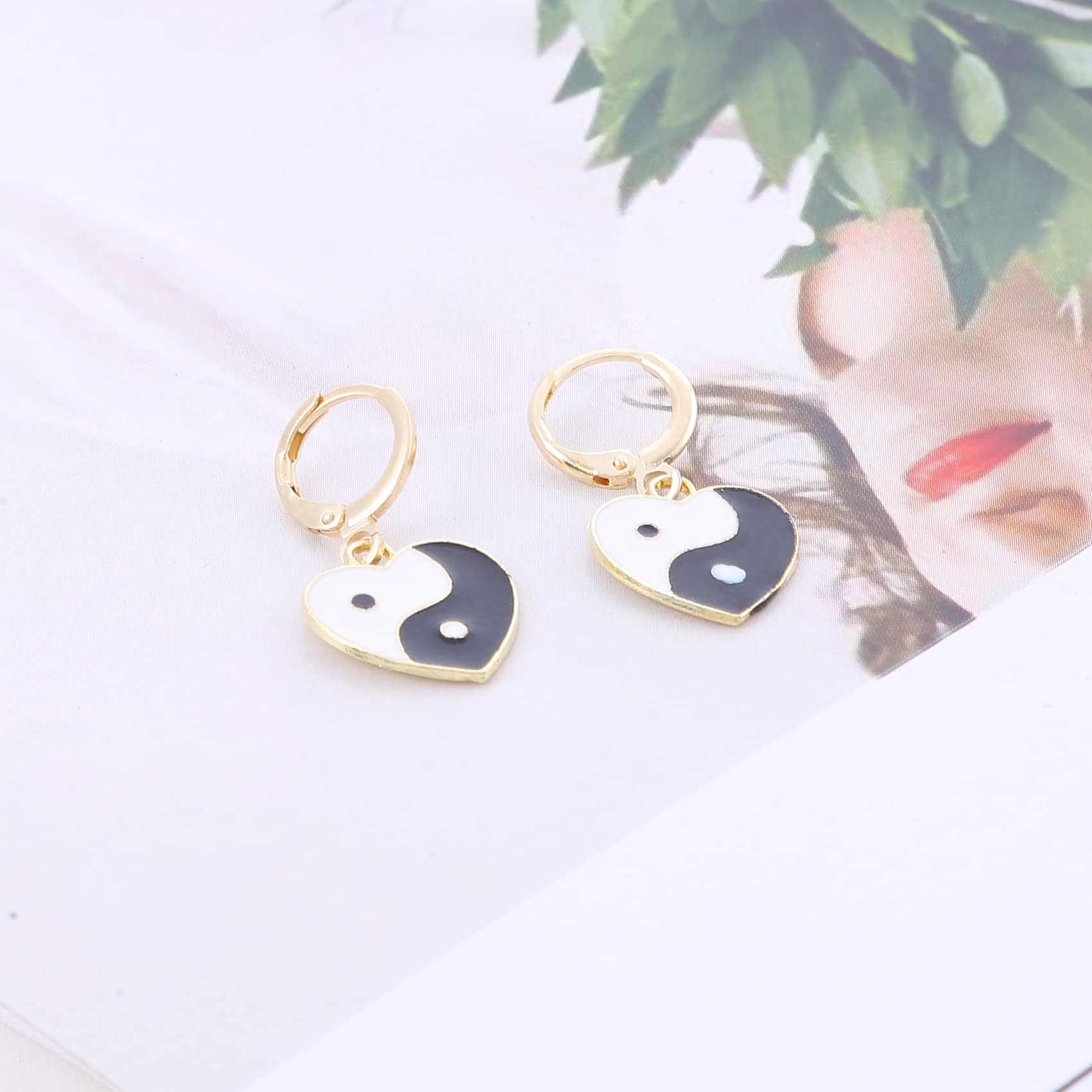 Atmneris Heart Yin Yang Dangle Hoop Earrings Enamel Statement Earring Small Hoop Mini Huggie Earrings for Women,Black White