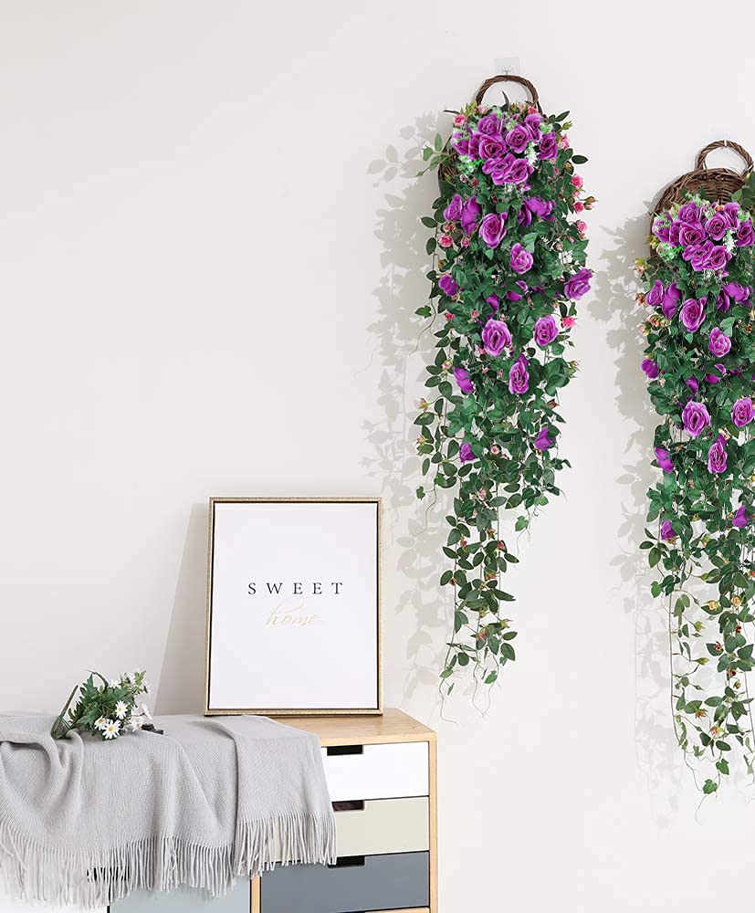 Haoyuetch 2PCS Artificial Rose Vine Flowers with Green Leaves,3Ft Hanging Rose Ivy Plants for Home Wedding Party Garden Wall Decoration (Purple)