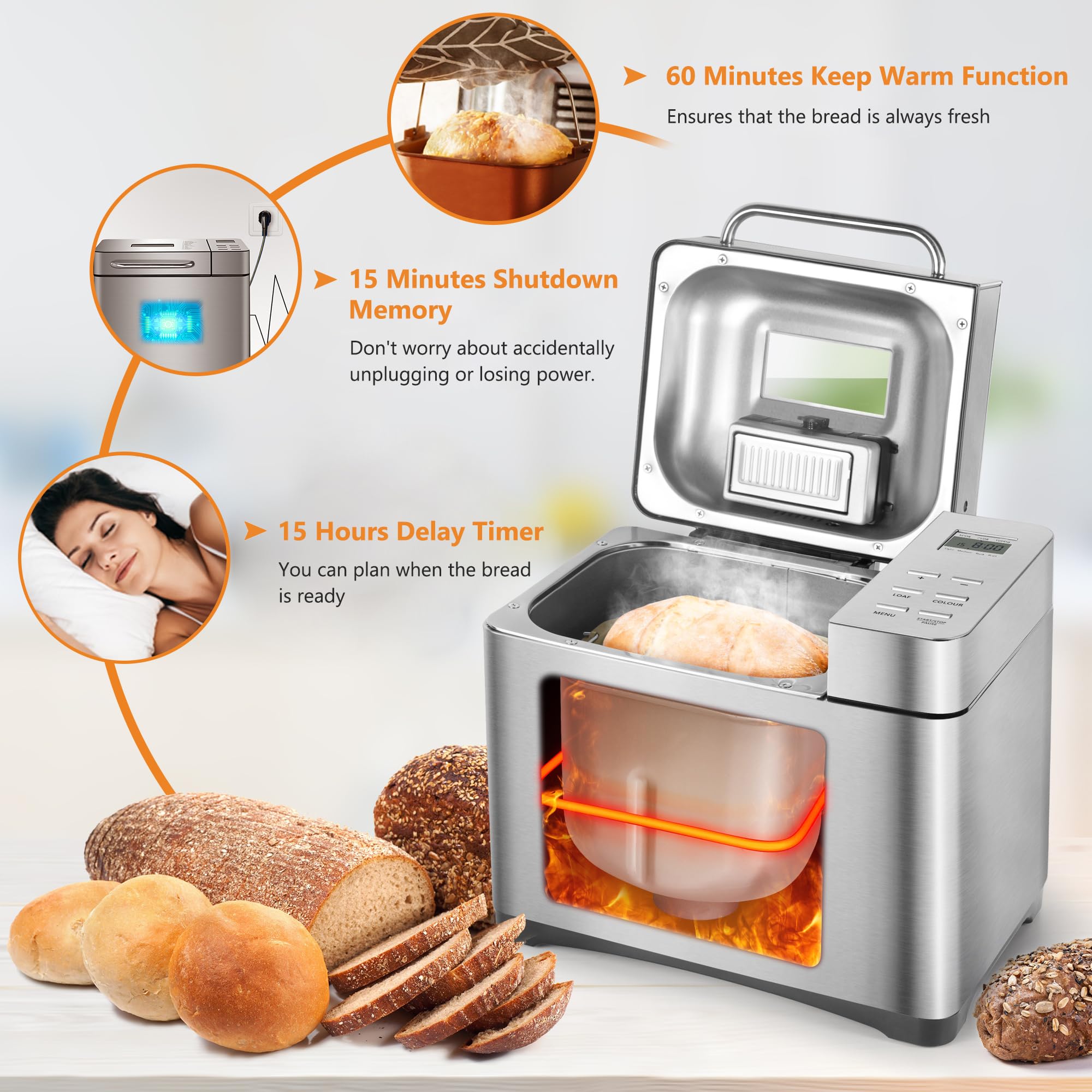 Bread Maker Machine KITCANIS, 2.2LB Stainless Steel Bread Machine, 15H Timer&1H Keep Warm, Sourdough, Gluten-Free, Dough Maker, Bread Making Machine with Nonstick Pan, Recipes, 650W
