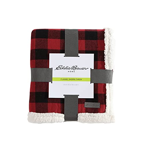 Eddie Bauer,Polyester Throw Blanket with Pillow Reversible Flannel/Sherpa Bedding Set, Buffalo Plaid Home Decor for All Seasons, 1 Count (Pack of 1), Red/Black Check