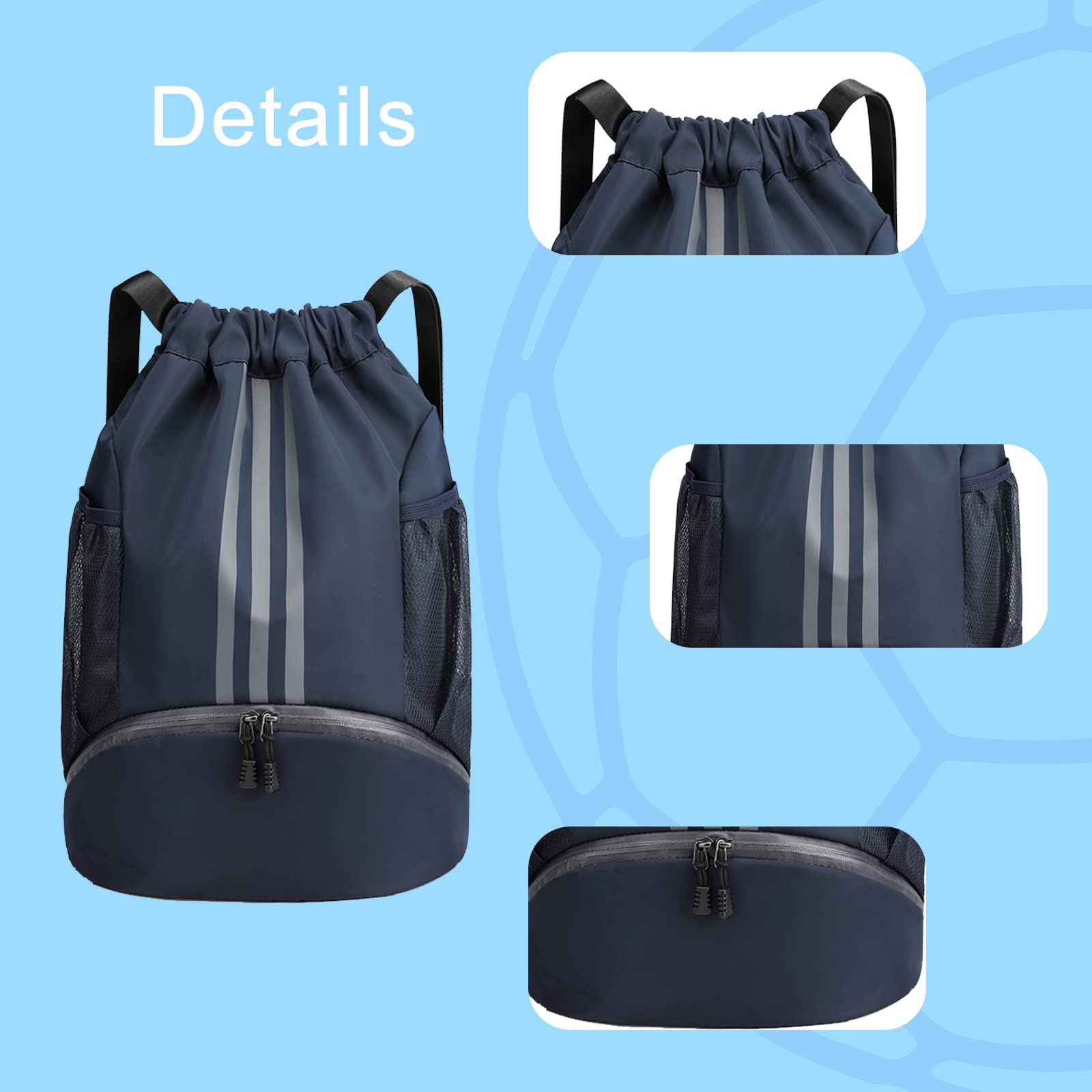 AMQTSLM Soccer Bag,Drawstring Backpack,Waterproof Soccer Backpack for Boys Girls,Volleyball Bag,String Bag Yoga Gym Backpack Sport Bag with 2 Wristband (Dark Blue)