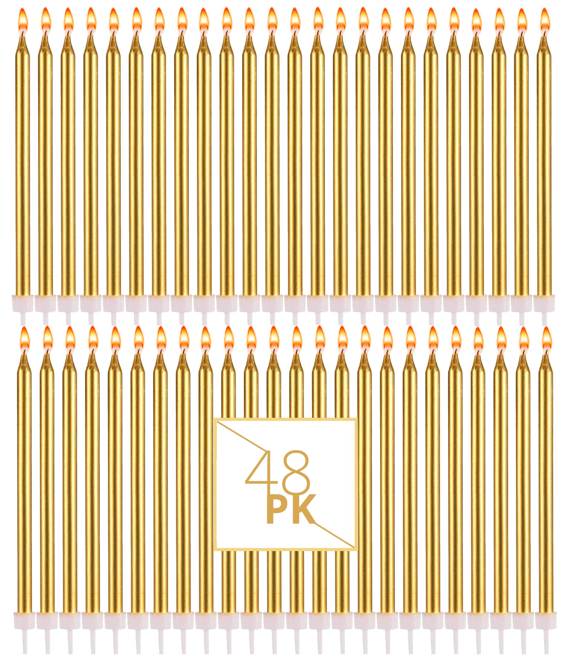 Bundaloo Gold Birthday Candles for Cake - Set of 48 Gold Candles for Birthday Cakes - with Plastic Holders, 5.5" Long, 0.20" Thickness