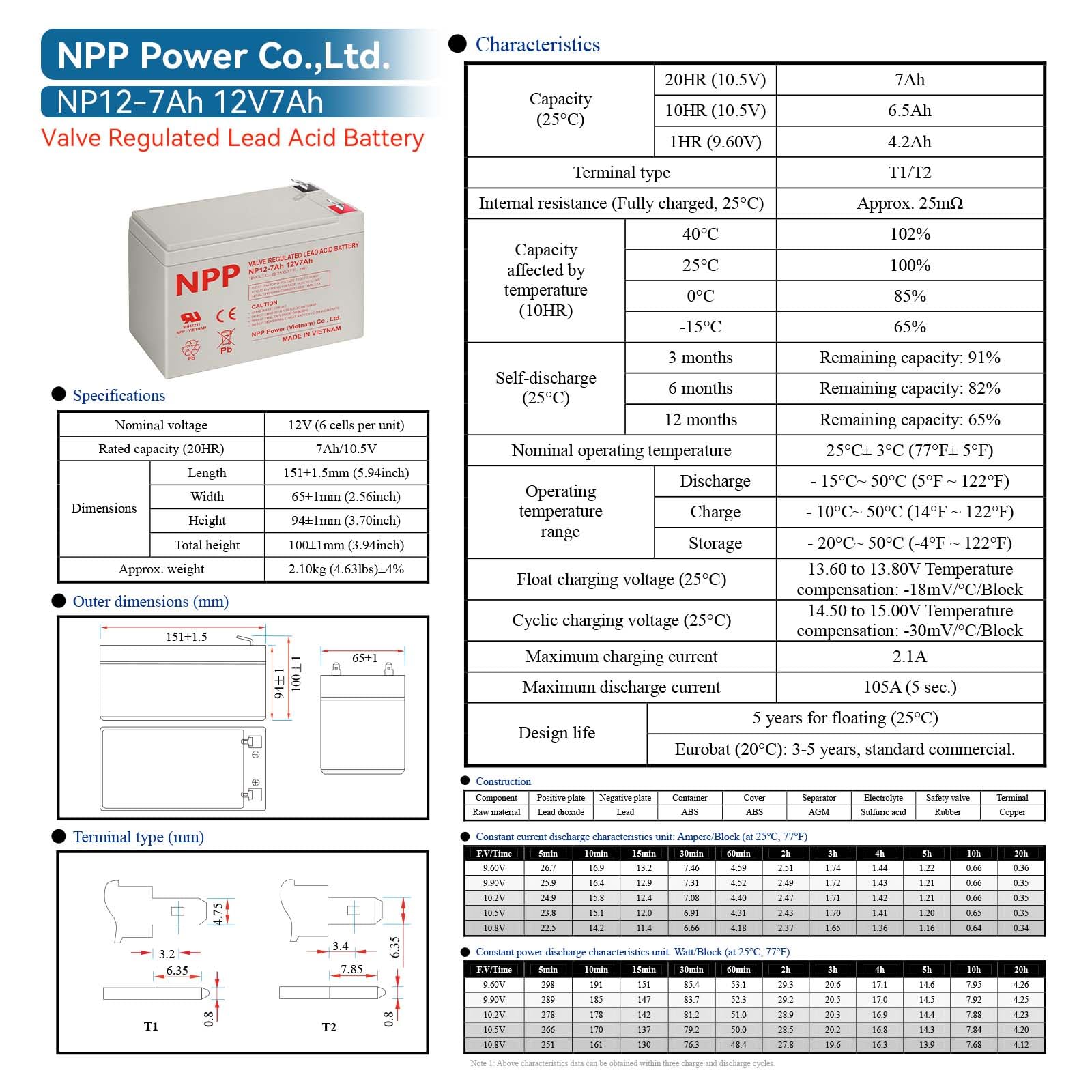 NPP 12V 7Ah Rechargeable AGM SLA Battery with F1 Terminals, for ADT Security Alarm System, UPS, Verizon Fios Box etc