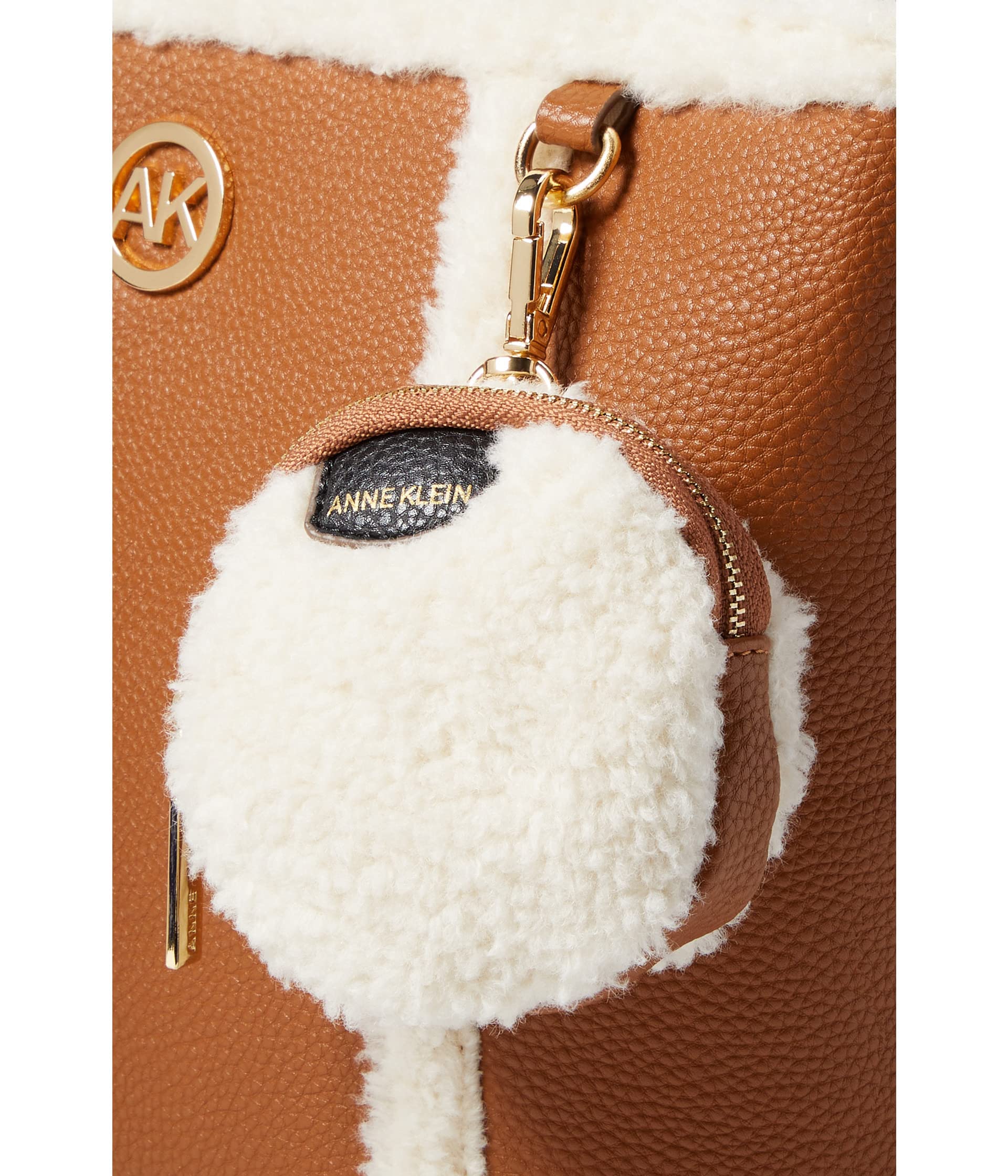 Anne Klein Mini Tote, Cream Shearling w/Saddle-Black