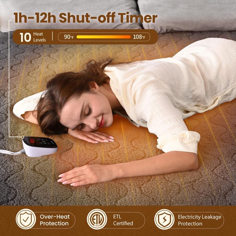 Bearhug Electric Heated Mattress Pads Full Size 54βΓ75β Sherpa Bed Warmer with 21β Deep Pocket ETL Certified Machine Washable 5 Years Warranty Gray