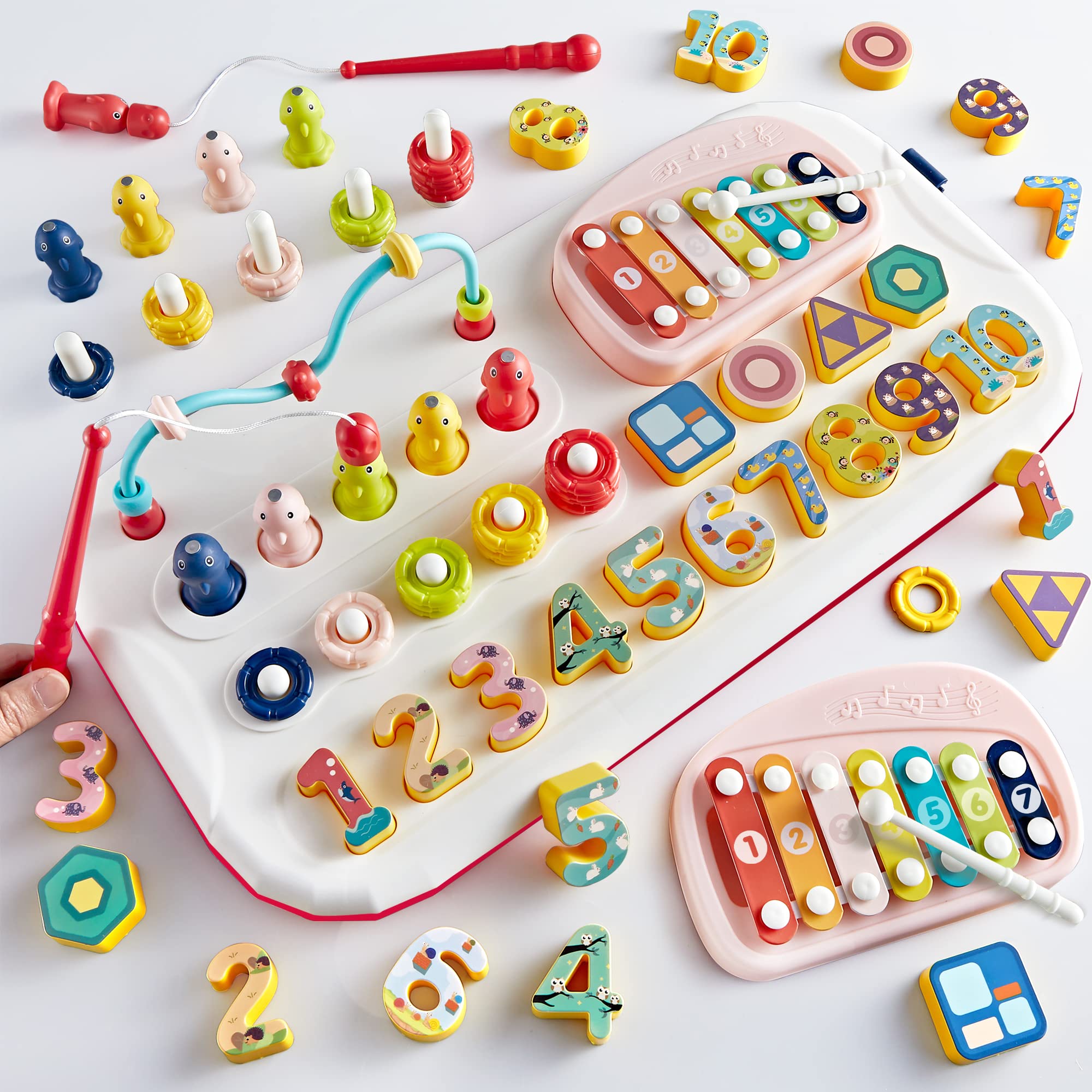 Educational Toys Learning Montessori for Kids,7 in 1 Puzzles Number Shape Sorter Counting Stacker with Number Blocks,Xylophone, Fishing Game for Toddler, Gift for3 4 5 6Year Old Boys GirlsοΌRedοΌ
