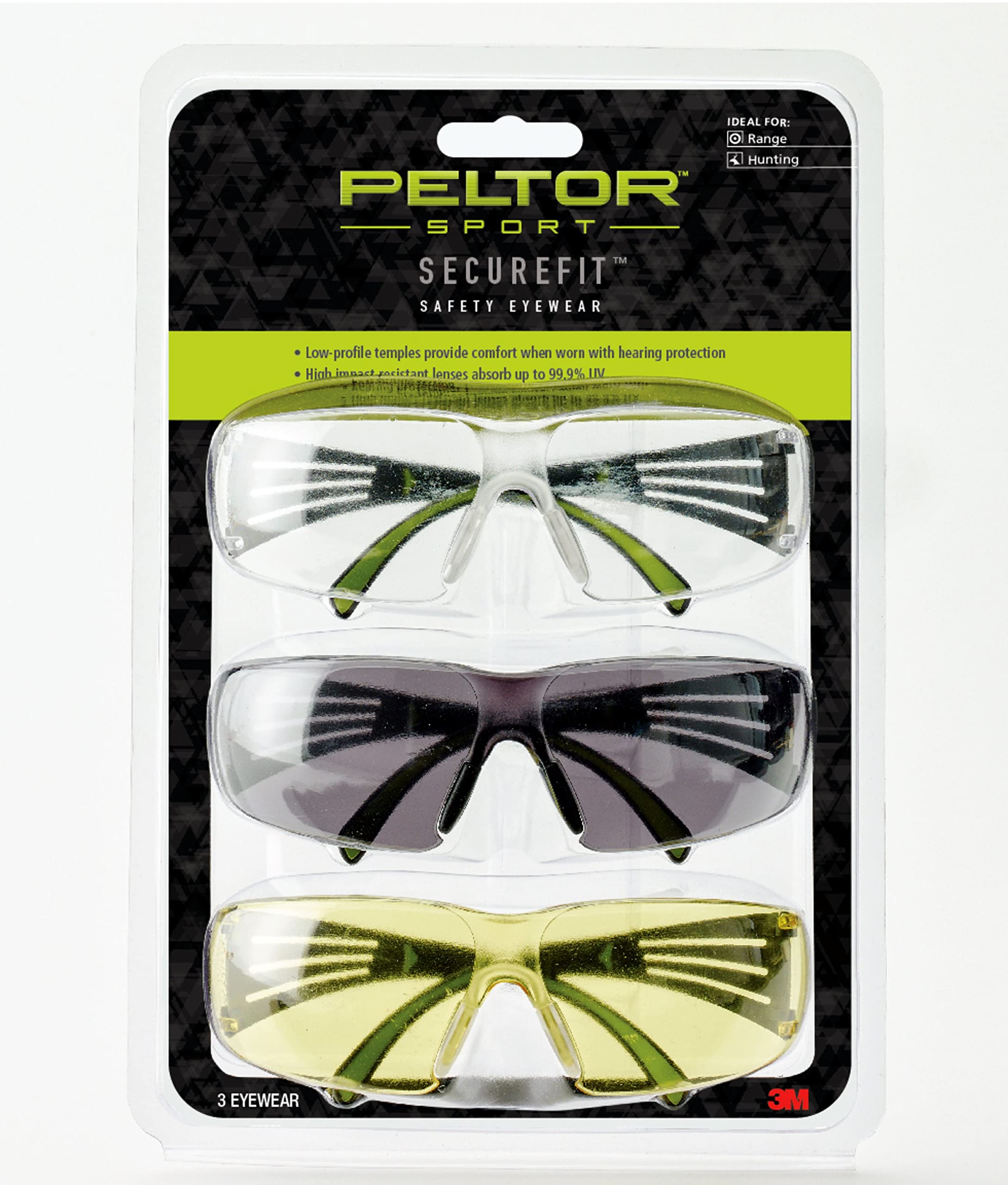 Peltor Sport SecureFit 400 Eye Protection, Multi Shaded 3 Pack (Clear/Amber/Gray), High Impact Resistant, Blocks 99.9% UV, Anti-Fog, Scratch Resistant Lenses, Low Profile Safety Glasses (SF400-P3PK-6)