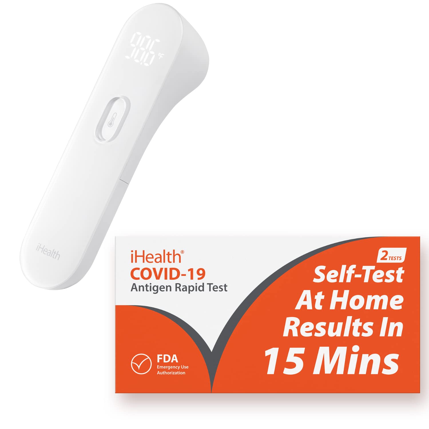 iHealth COVID-19 Antigen Rapid Test, 1 Pack, 2 Tests Total & iHealth No-Touch Forehead Thermometer PT3