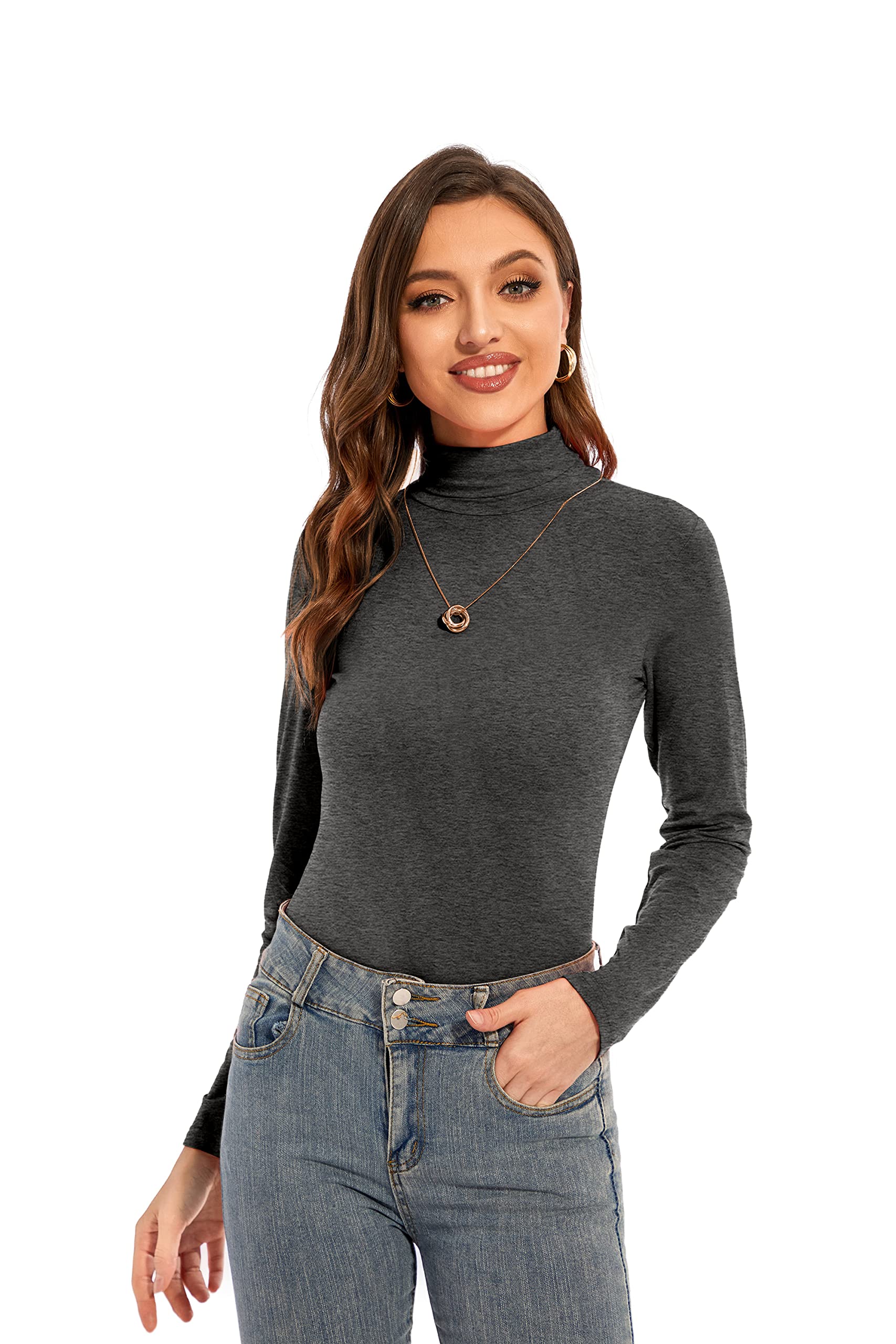 Anyeager Grey Turtleneck for Women Long Sleeve Tops for Women Fitted Turtleneck Sweater Scrub Undershirts for Women Dark Grey Large