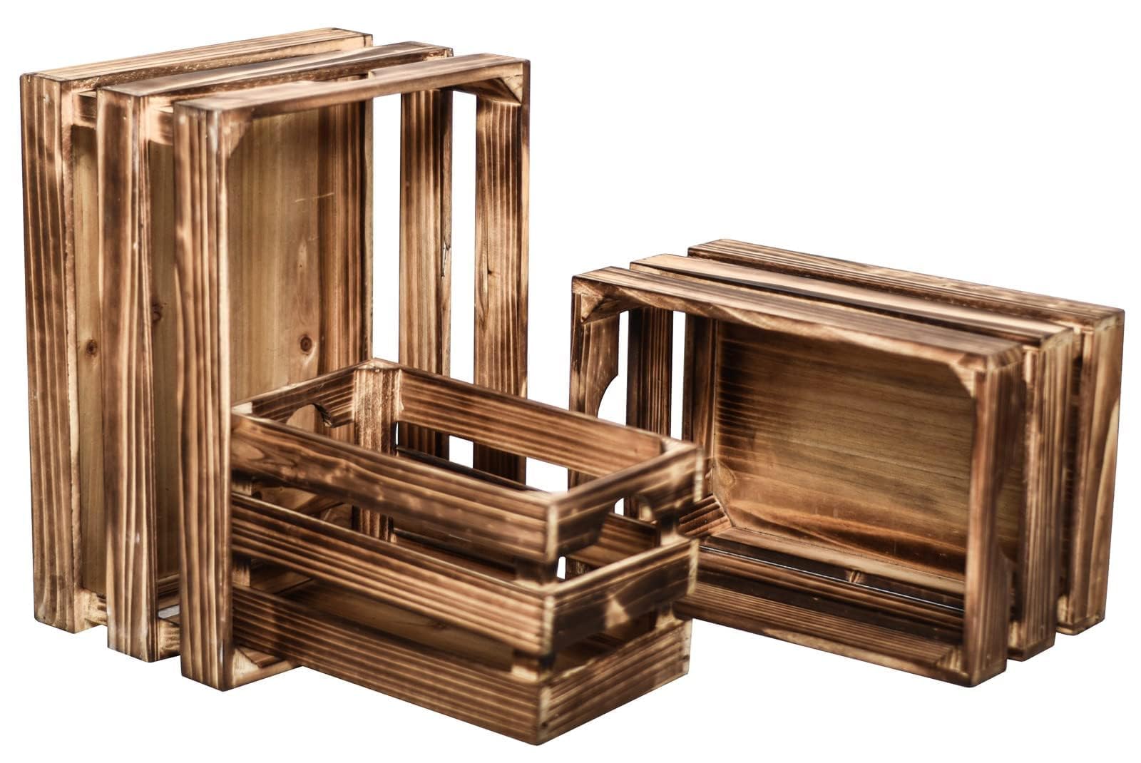 EMAX HOME Set of 3 Vintage Rustic Brown Wood Decorative Nesting Storage Crates with Handles, Farmhouse Wooden Storage Container Boxes,Decorative Wood Crates