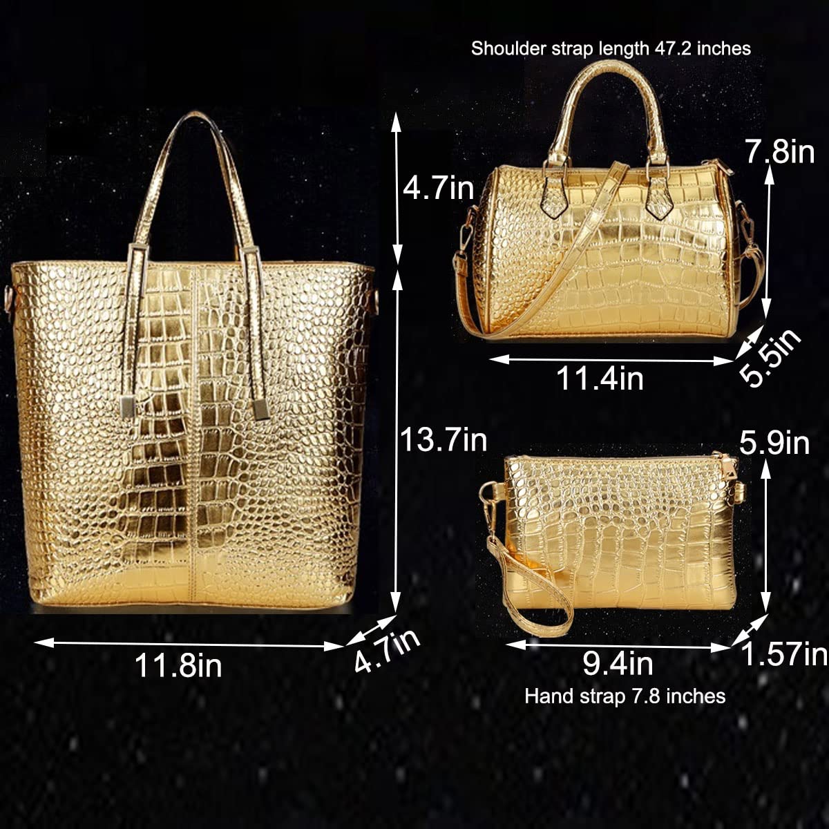 XingChen 3-PC Women PU Handbag+Shoulder Bag+Clutch Crocodile Pattern Top Handle Fashion Satchel Tote Purse Black