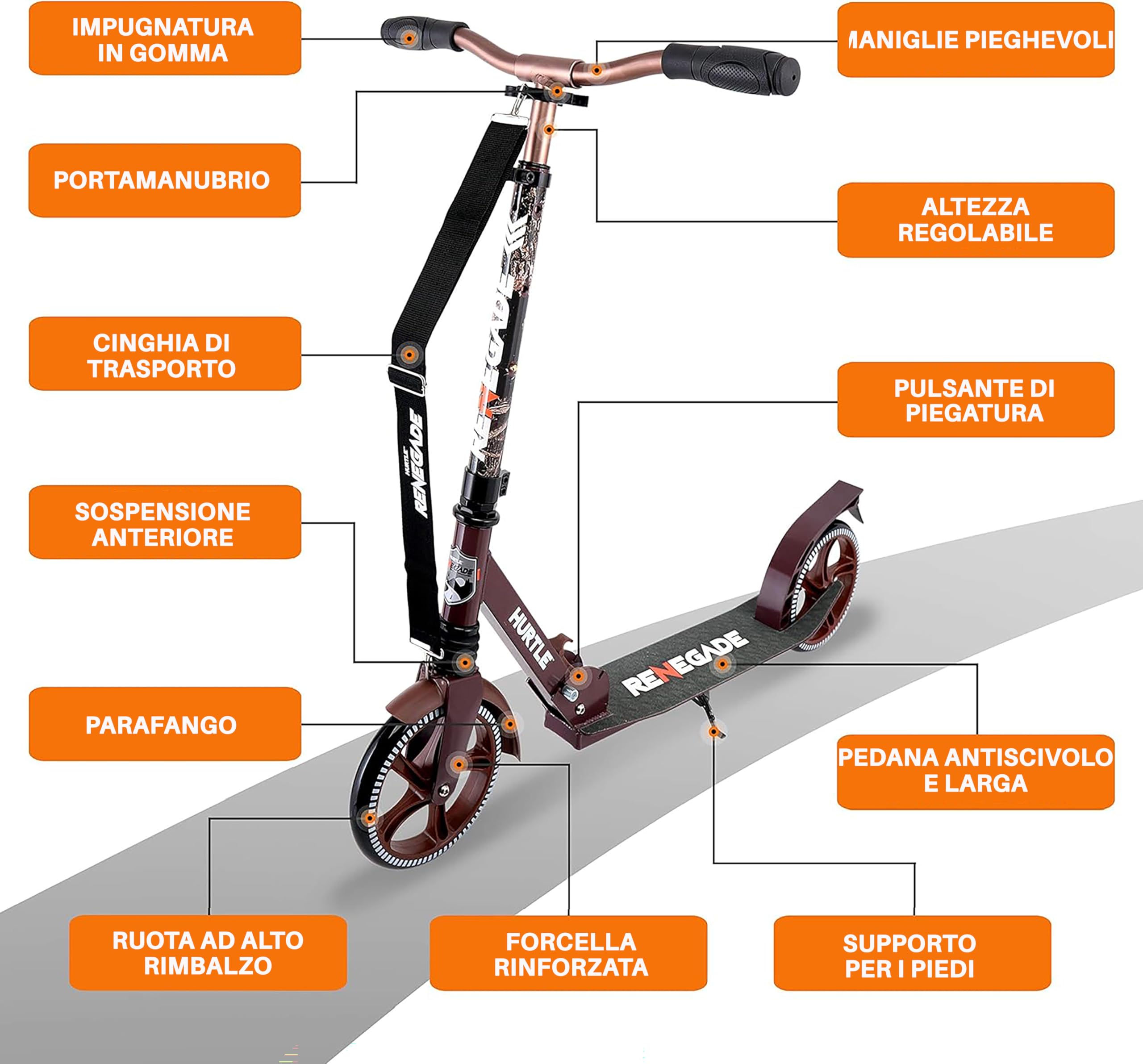 Hurtle Renegade Kick Scooters for Kids Teenagers Adults- 2 Wheel Kids Scooter with Adjustable T-Bar Handlebar - Alloy Anti-Slip Deck - Portable Folding Scooters for Kids with Carrying Strap