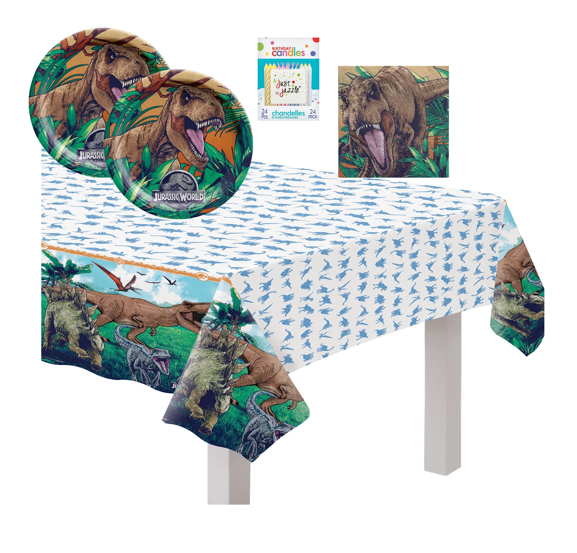 Amscan Jurassic World 3 Into the Wild Birthday Party Tableware Kit Napkins, Plates, Tablecover Bundle, 16 Guests by Just Jazzle