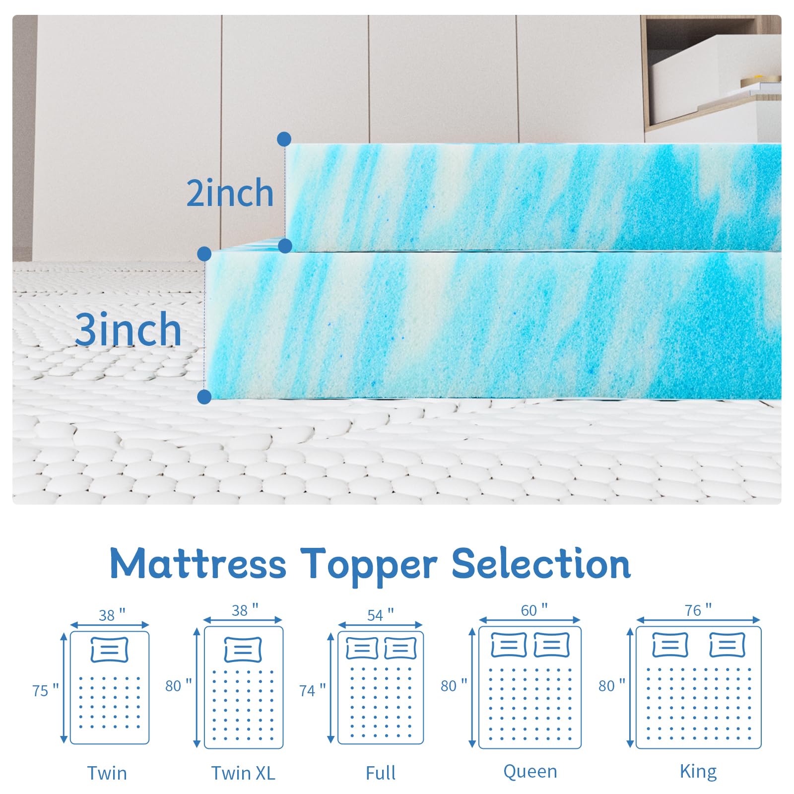 NEWBULIG Mattress Topper Memory Foam, Cooling Gel Infused Mattrespad, Ventilated Bed Cushion for Pressure Relief Back Pain