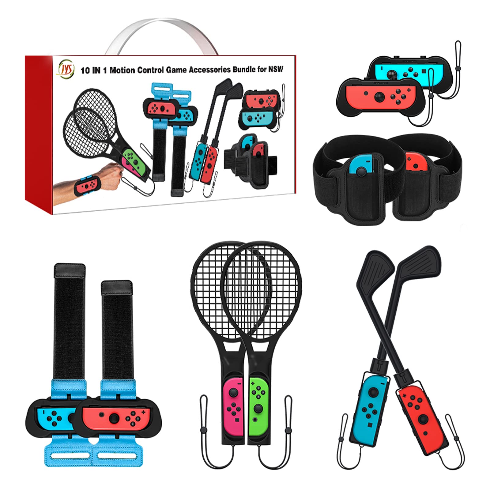 Nargos 2023 Switch Sports Accessories Bundle 10 in 1 Kit for Switch & Switch OLED: Joy Con Grips for Instant Sports, Mario Golf Super Rush, Mario Tennis Ace, and Just Dance, Gift for Kids