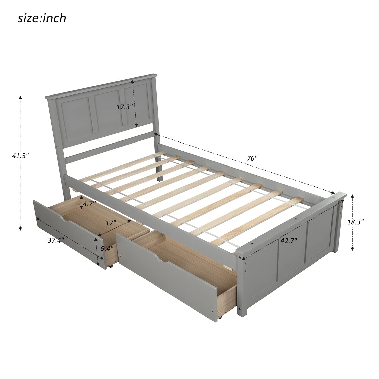Twin Bed with Drawers,Wood Platform Bed Frame with Headboard and Footboard Wooden Captain Bed for Boys, Girls, Kids, Teens, Gray