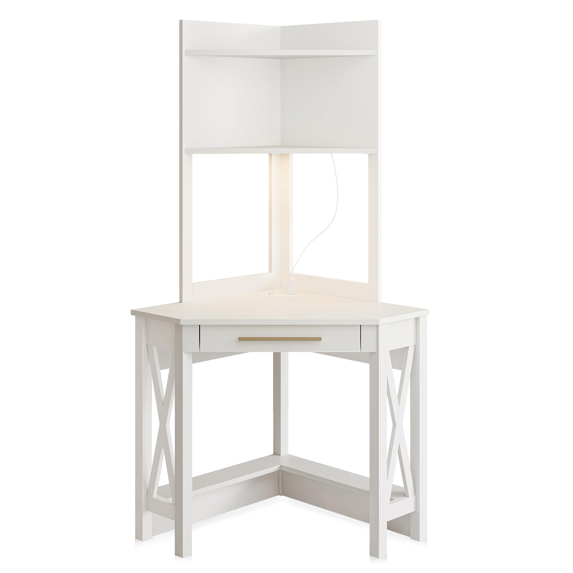BELLEZE Corner Desk with Hutch, Compact Home Office Desk with Display Shelf and Drawer, Space Saving Writing Desk with Charge Outlets and LED Lights for Living Room, Bedroom - Tate (White)