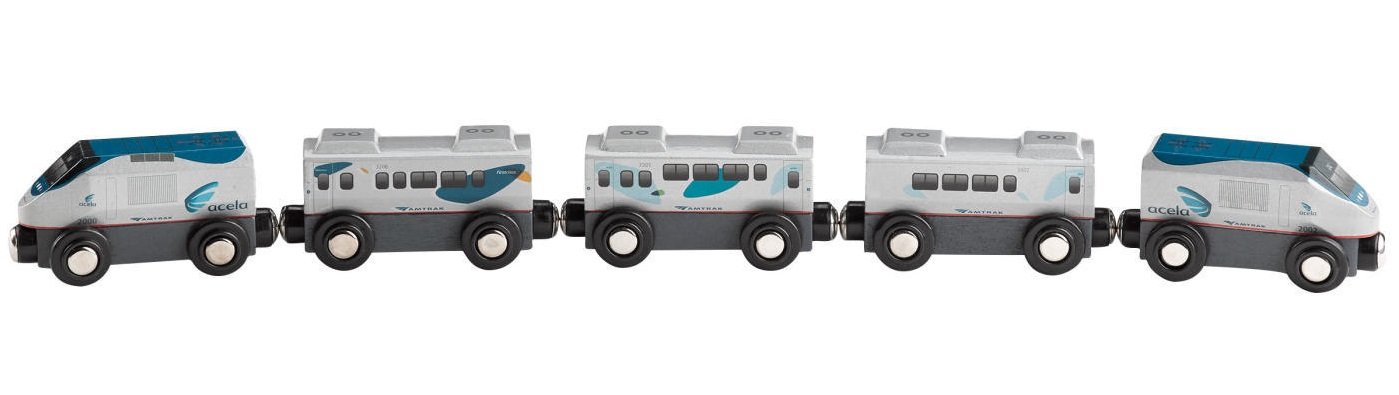 Amtrak Acela Wooden Train 5 Car Set 3 inch Long Cars Compatible with Other Railroads