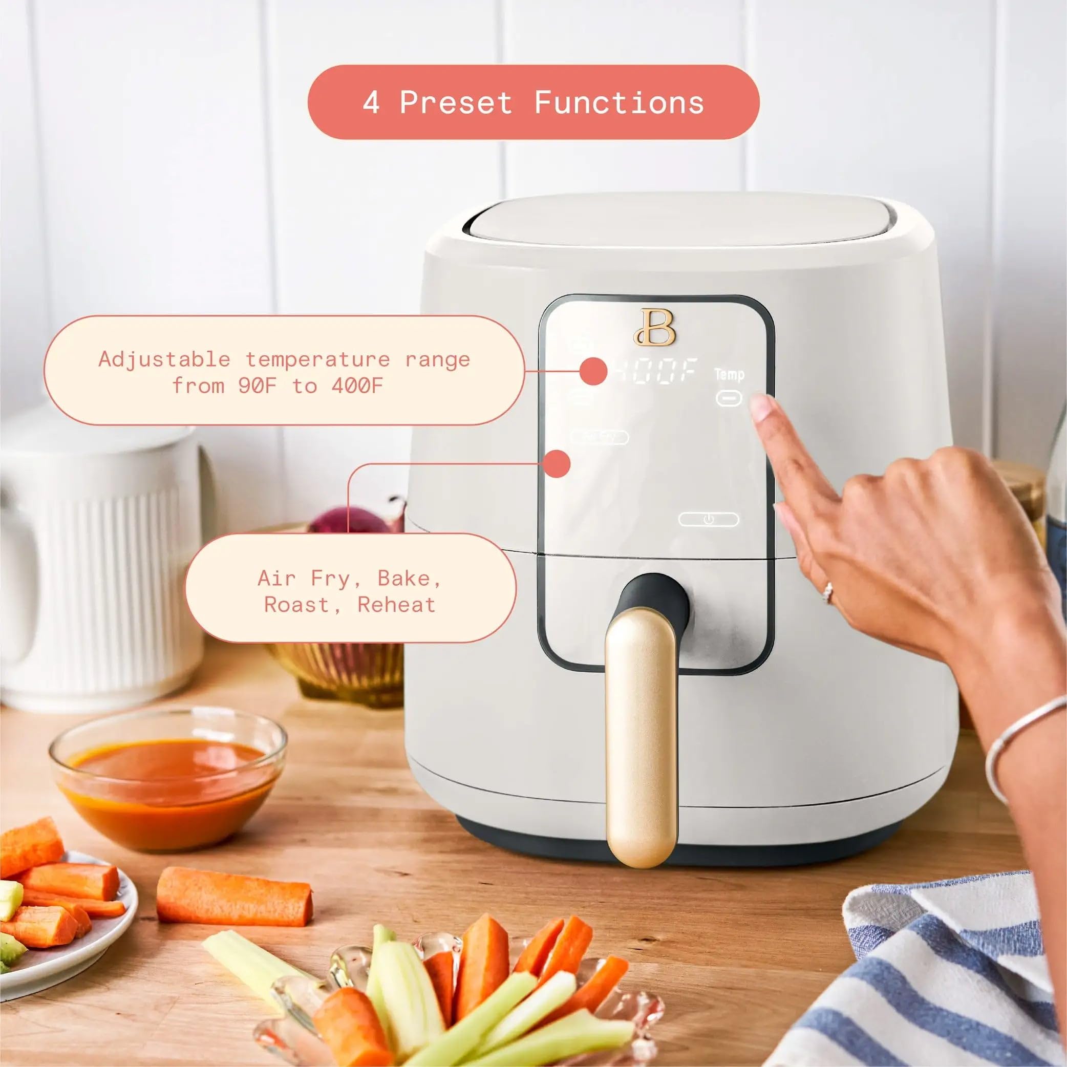 Beautiful 3-quart Touch-screen Display Air Fryer with Adjustable Temperature Compact Space-saving 4 Preset Functions whiteicing By Drew Barrymore