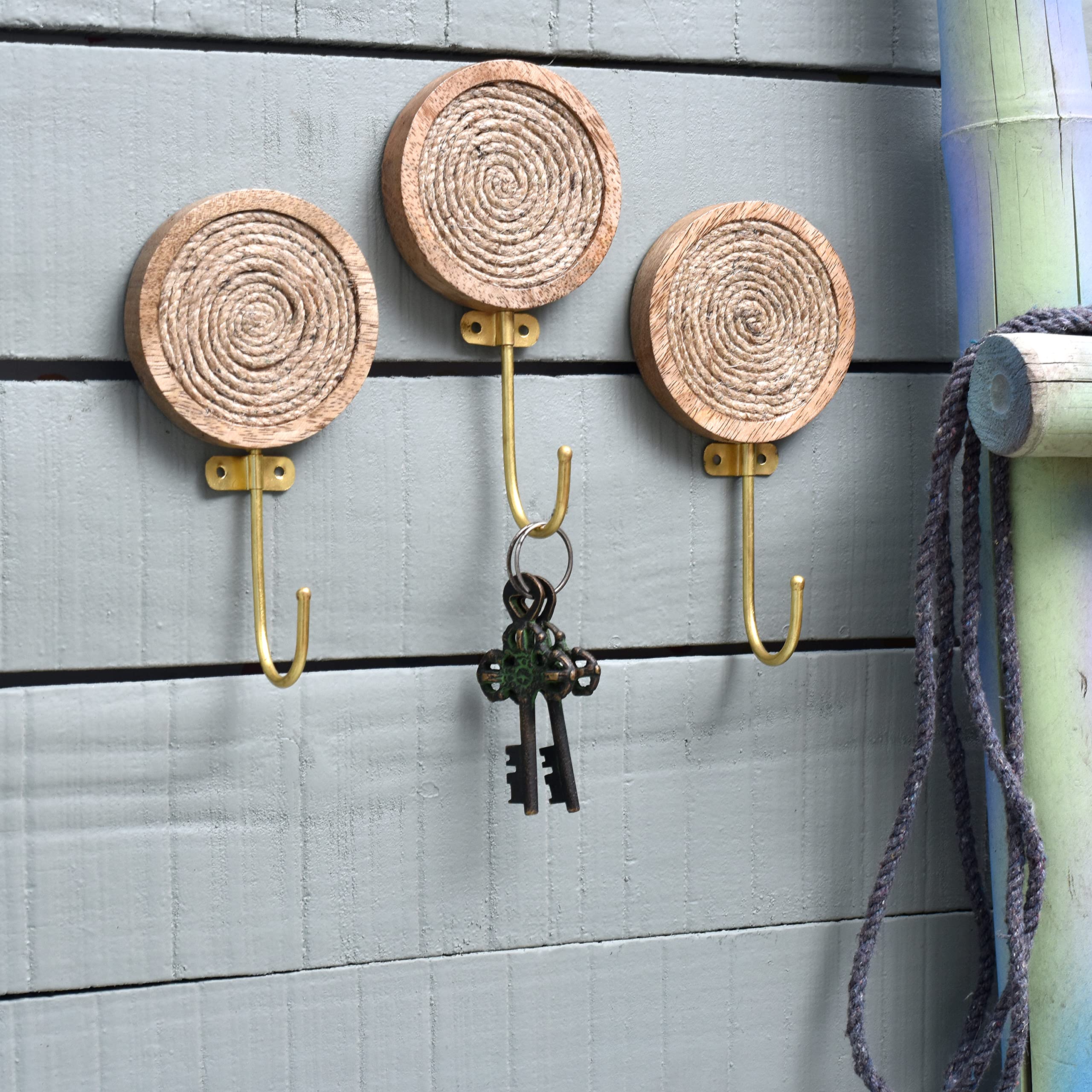 Indian Shelf 3 Piece Wood Boho Wall Hooks for Hanging Coats, Bags, Backpack Decorative Key Holder Unique Coat Rack Wall Mounted Natural Brown Rattan Key Hooks