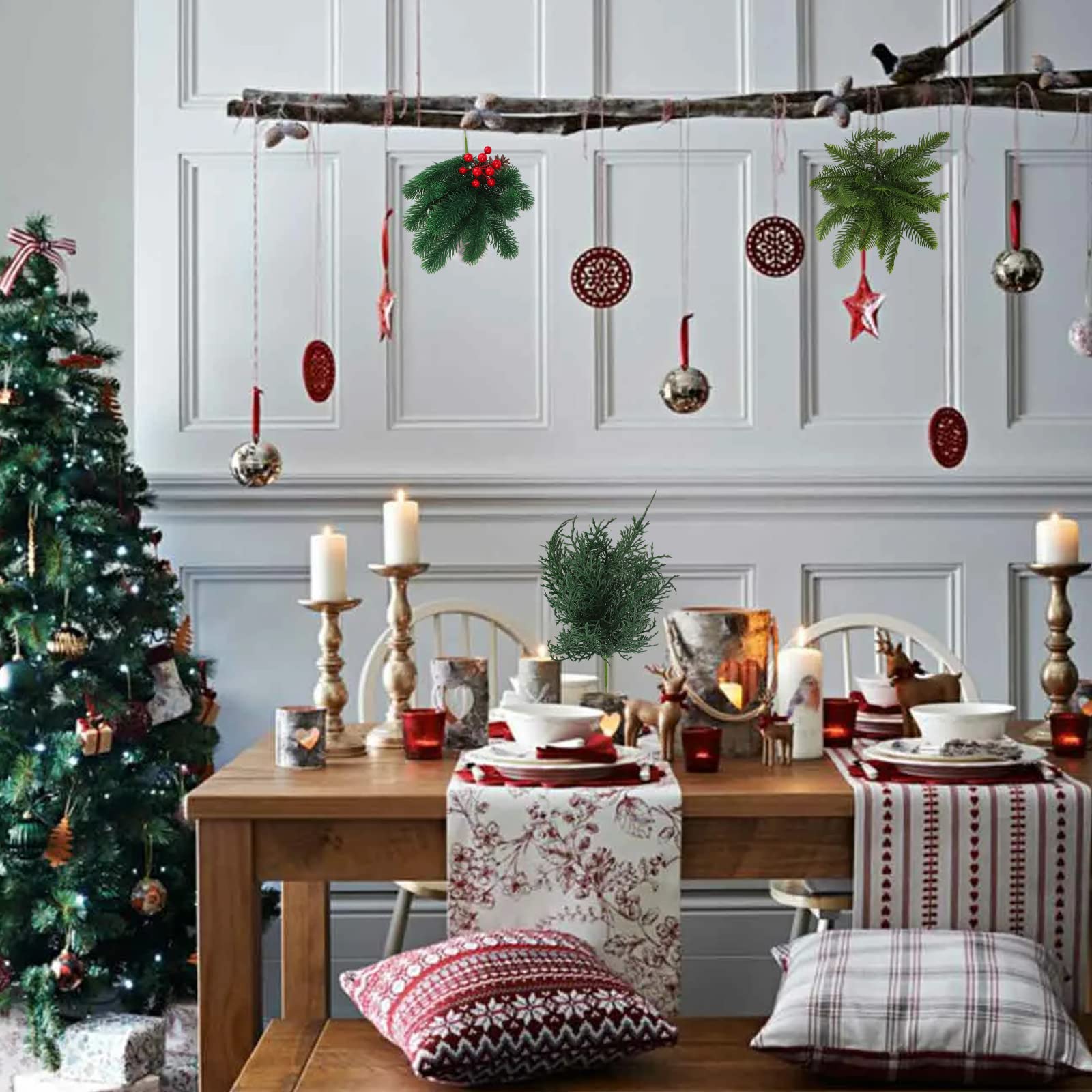 HYLYING 10 PCS Artificial Pine Branches Faux Cedar Sprigs with Pinecones Branch Fake Greenery Pine Picks for Christmas Holiday Winter Home Garden Decor, A5