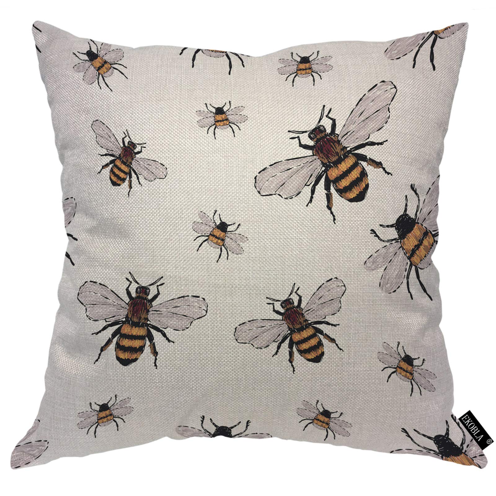 EKOBLA Honey Bee Throw Pillow Cover Bumblebee Spring Garden Buzz Cartoon Animal Wing Sketch Cozy Square Cushion Case for Men Women Boys Girls Room Home Decor Cotton Linen 18x18 Inch
