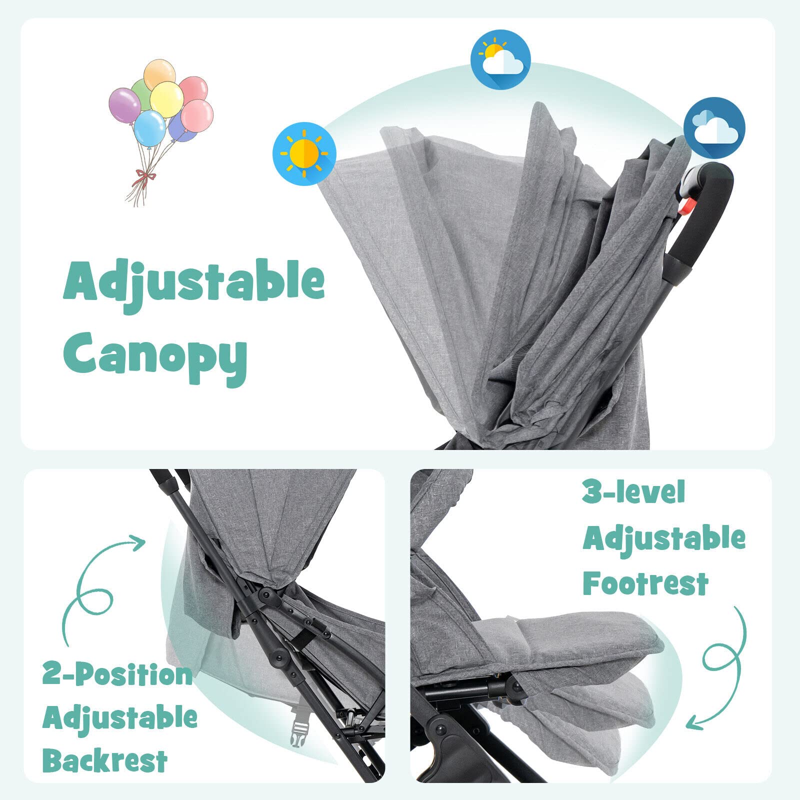 BABY JOY Lightweight Baby Stroller, Compact Travel Stroller for Airplane, Easy One-Hand Fold, High Landscape Infant Toddler Stroller with Adjustable Canopy/Backrest/Footrest, Storage Basket (Gray)