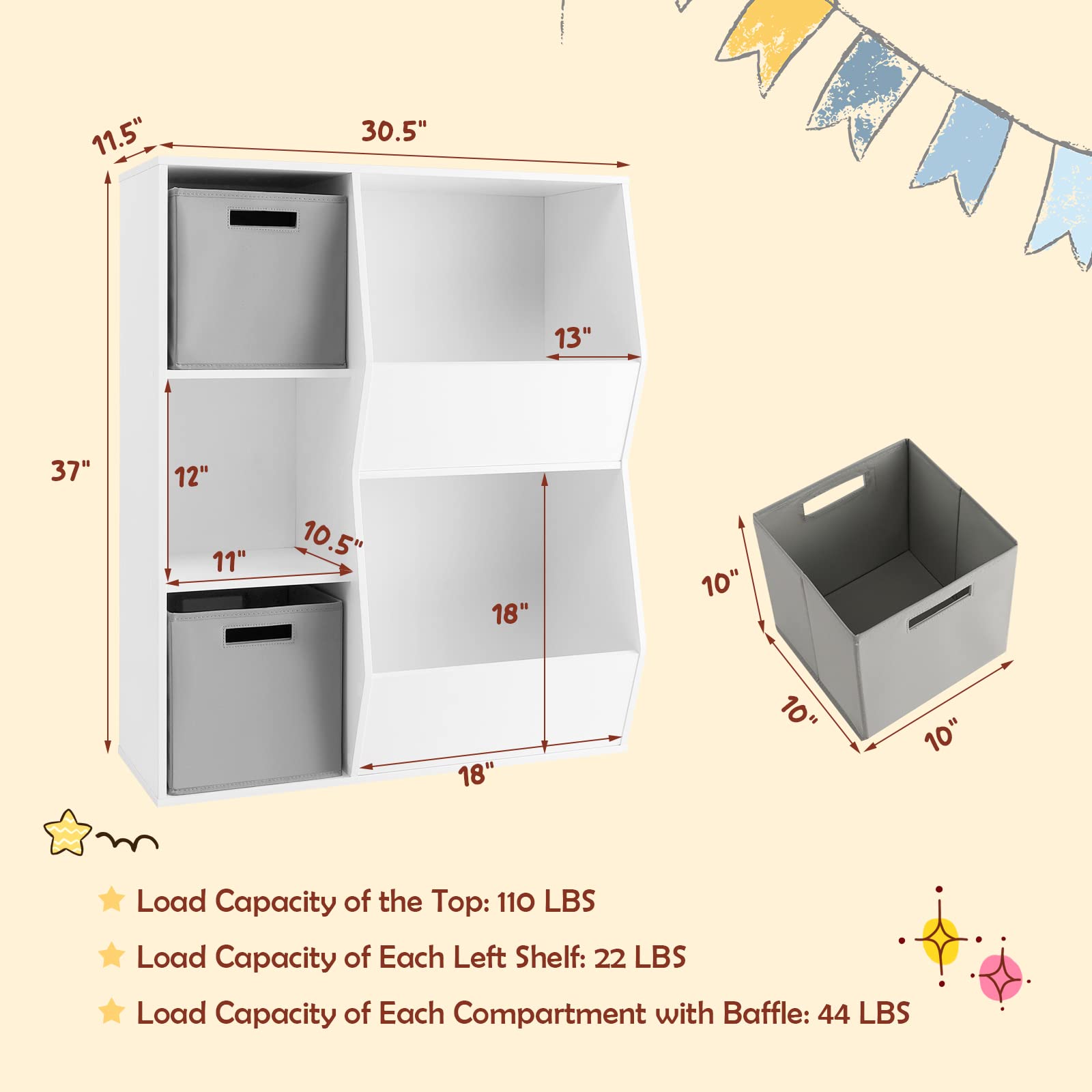 HONEY JOY 5 Cubbies Kids Toy Storage Organizer, Children Bookcase and Bookshelf w/2 Storage Boxes, Wooden Muti-Bins Toy Storage Display Cabinet for Playroom, Nursery, Daycare, Kindergarten