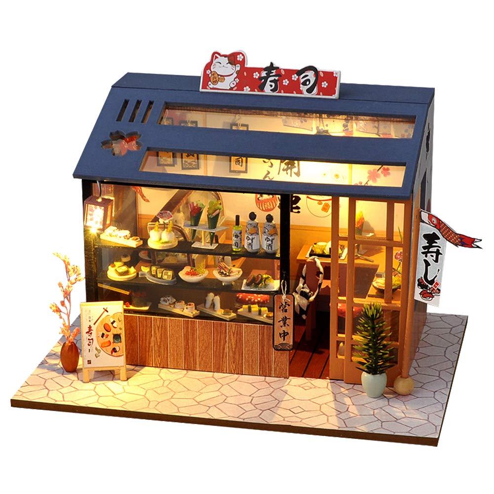 SYW Miniature Dollhouse with Furniture and LED Lights, Japanese Model Kit Wooden Dollhouse, 1:24 Scale Wooden Handmade Building Model Puzzle Toy(Sushi Shop)