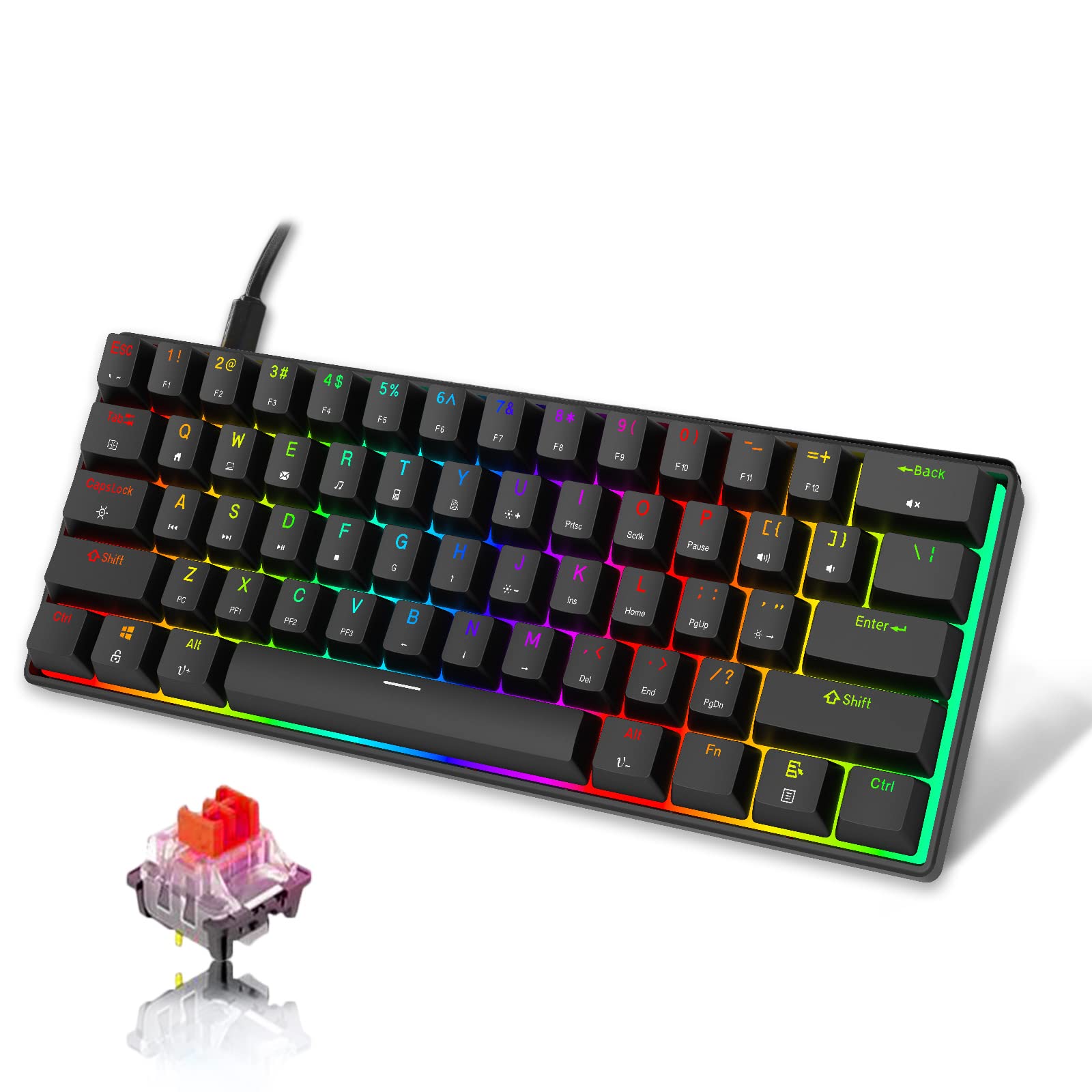 VIMUKUN 60% Mechanical Gaming Keyboard Wired 60 Percent Keyboard with LED RGB Rainbow Backlight Red Switch for Windows PC Gaming (61 Keys, Black)