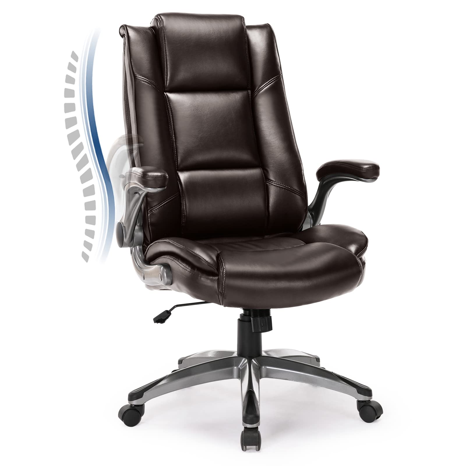 Executive Office Chair High Back-Ergonomic Desk Chair Bonded Leather Computer Chair with Flip-up Arms, Adjustable Tilt Tension, Padded Armrests, Swivel Rolling Home Office Desk Chair-Brown, 300lbs