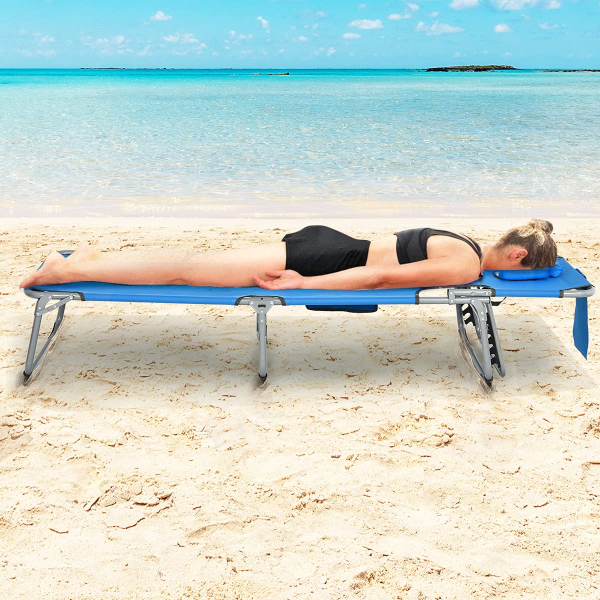 Tangkula Beach Chaise Lounge Chair with Hole for Face, Patio Folding Adjustable Reclining Beach Sunbathing Chair with Side Pocket, Portable Face Down Tanning Chair for Outdoor Backyard Poolside (2)