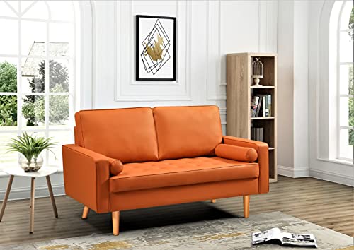 Container Furniture Direct 2-Piece Set Faux Leather Sofa for The Modern Living Room with Removable Cushions and Solid Wood Legs, Luxury Style Button-Tufted Loveseat and Couch, Red Orange