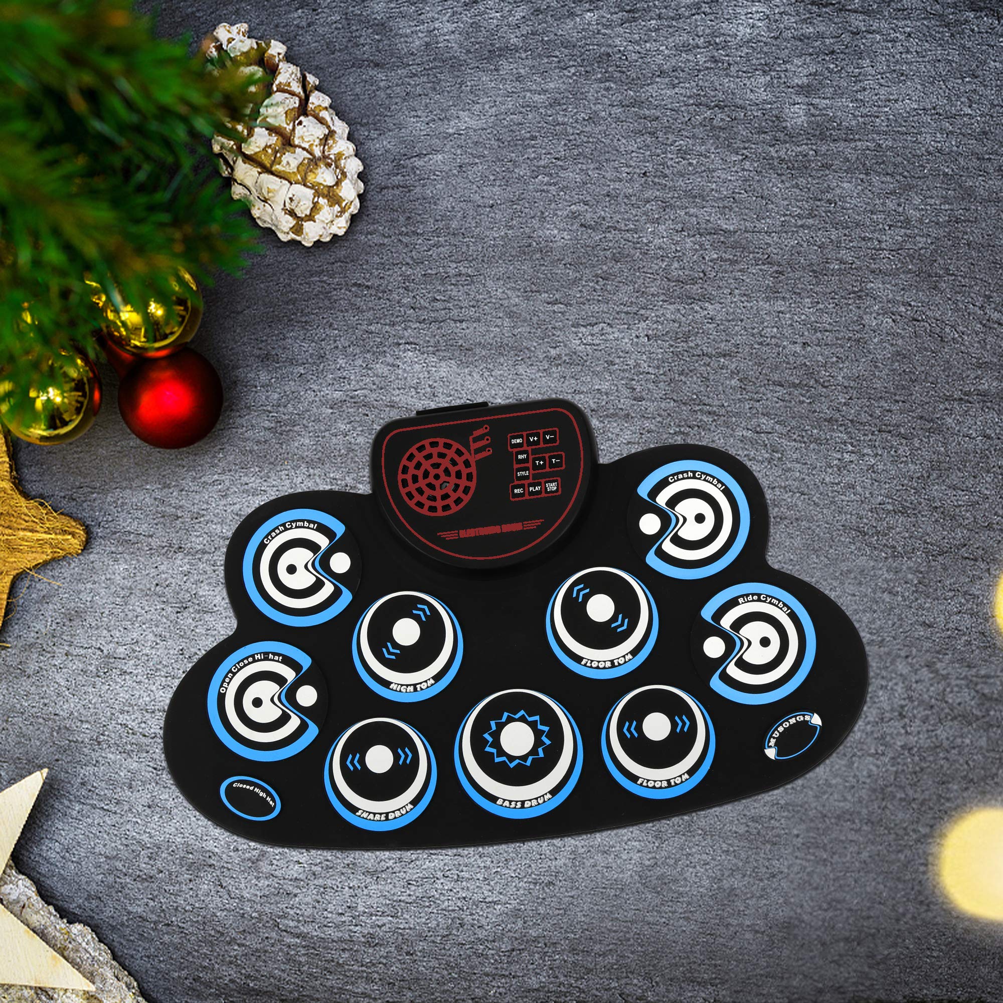 Electronic Drum Set Kids Foldable Practice Drum Pad Rechargeable Drum Kit, Built in Speakers Foot Pedals,Drum Sticks, Birthday Gift for Beginners (Blue)
