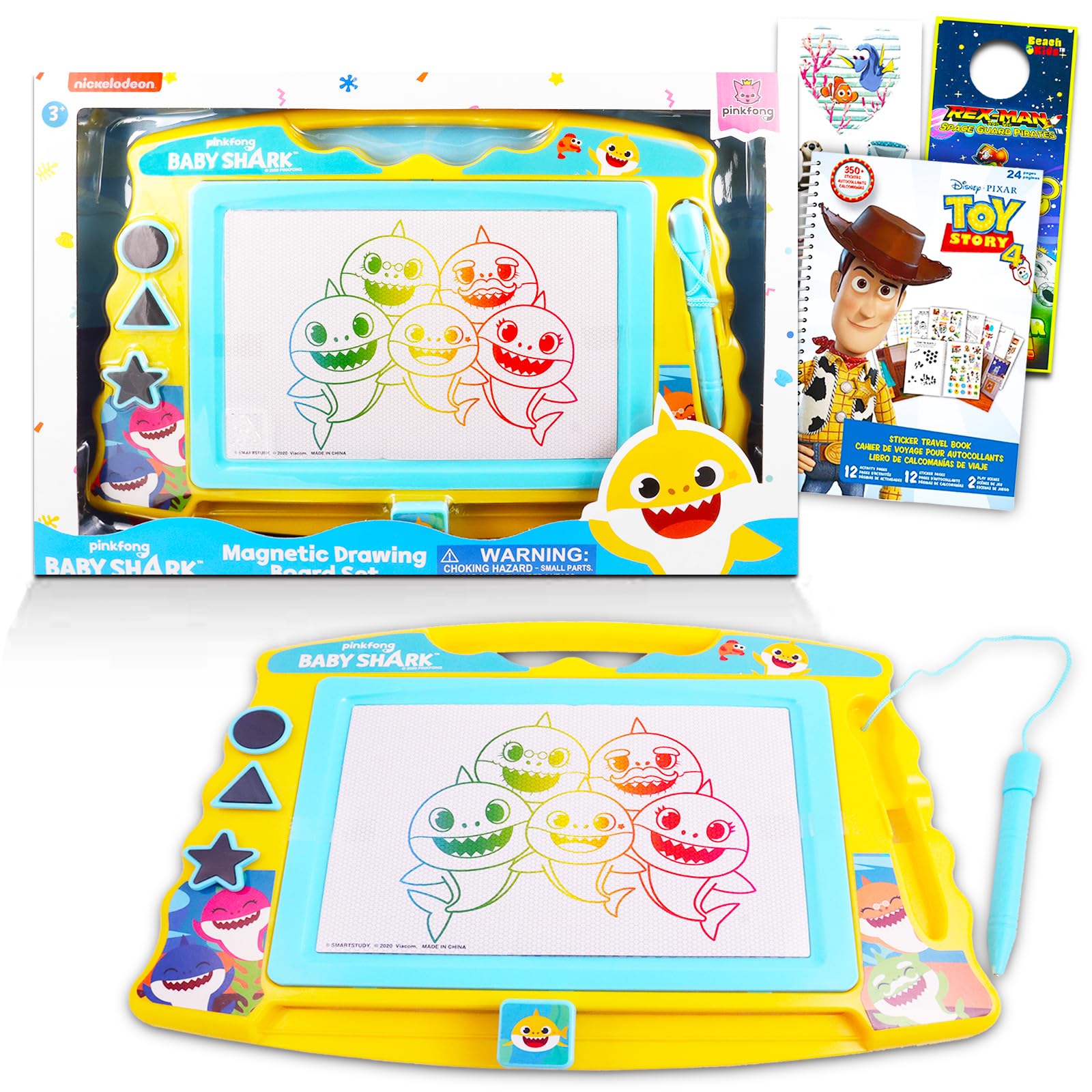 Pink Fong Baby Shark Baby Shark Magnetic Drawing Board Set - Bundle Baby Shark Drawing Board Kids and Toddlers Plus Finding Dory Stickers, Toy Story Travel Book, and More (Baby Shark Drawing Pad)