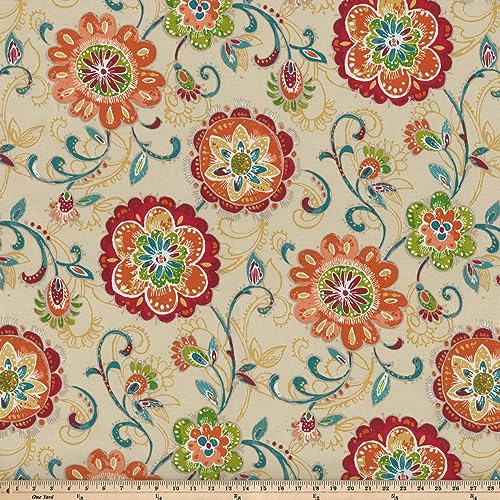 Pillow Perfect Bright Floral Indoor/Outdoor Sofa Setee Bench Swing Cushion with Ties Tufted, Weather, and Fade Resistant, 18" x 56", Tan Fanfare