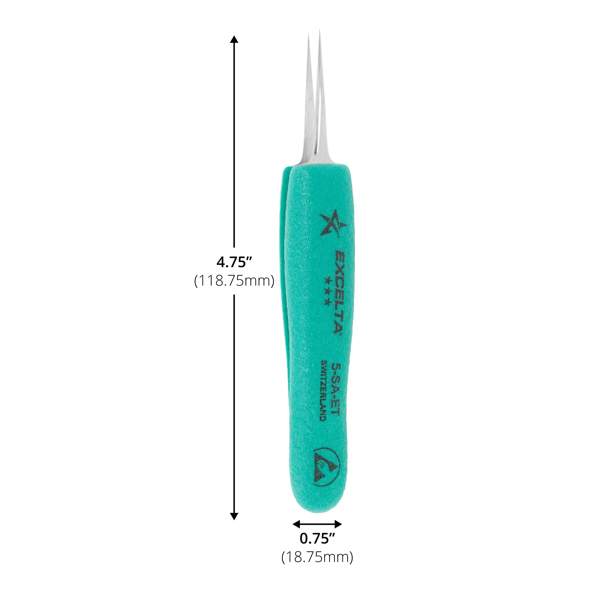 Excelta 5-SA-ET Straight Tapered Ultra-Fine Pointed Tweezers, 4.75 Inch, Ergo-Tweeze Soft Cushioned Grips, Made of Neverust Stainless Steel, Ideal for Microscopy, Professional